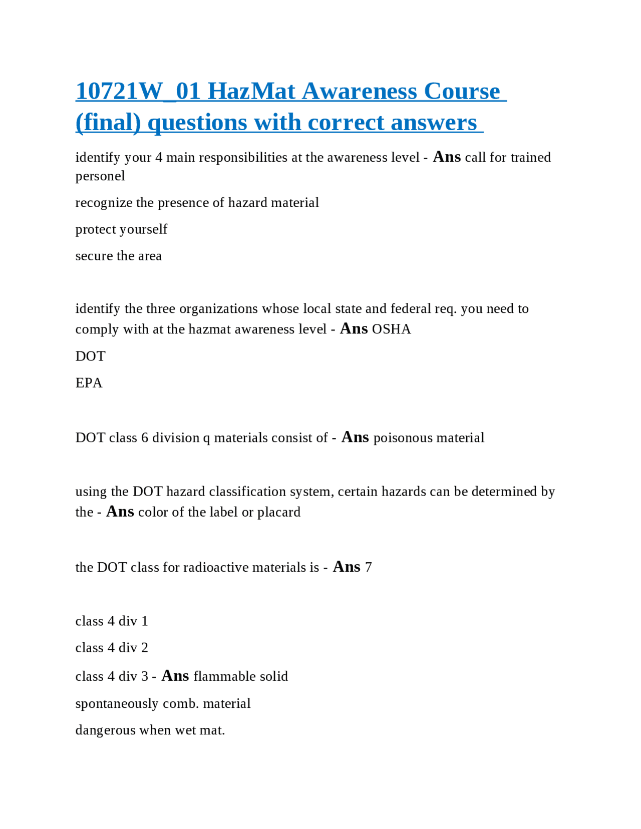 10721W_01 HazMat Awareness Course (final) questions with correct ...