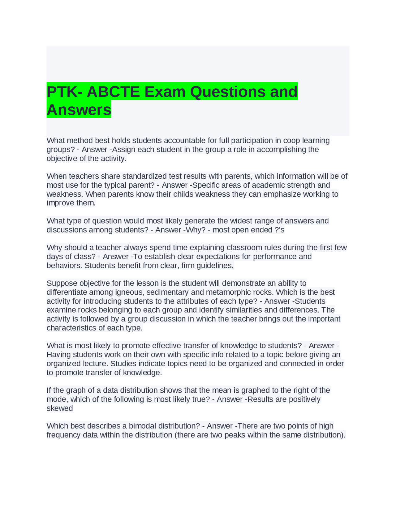 PTK- ABCTE Exam Questions and Answers | Exams Advanced Education | Docsity