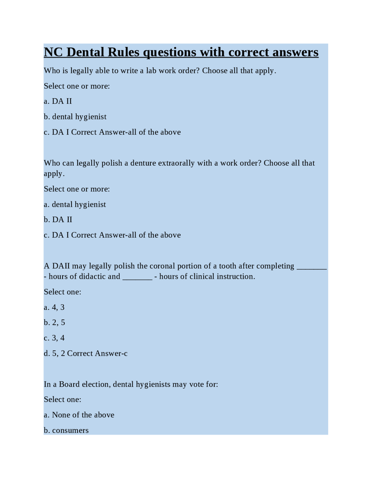 NC Dental Rules questions with correct answers | Exams Law | Docsity