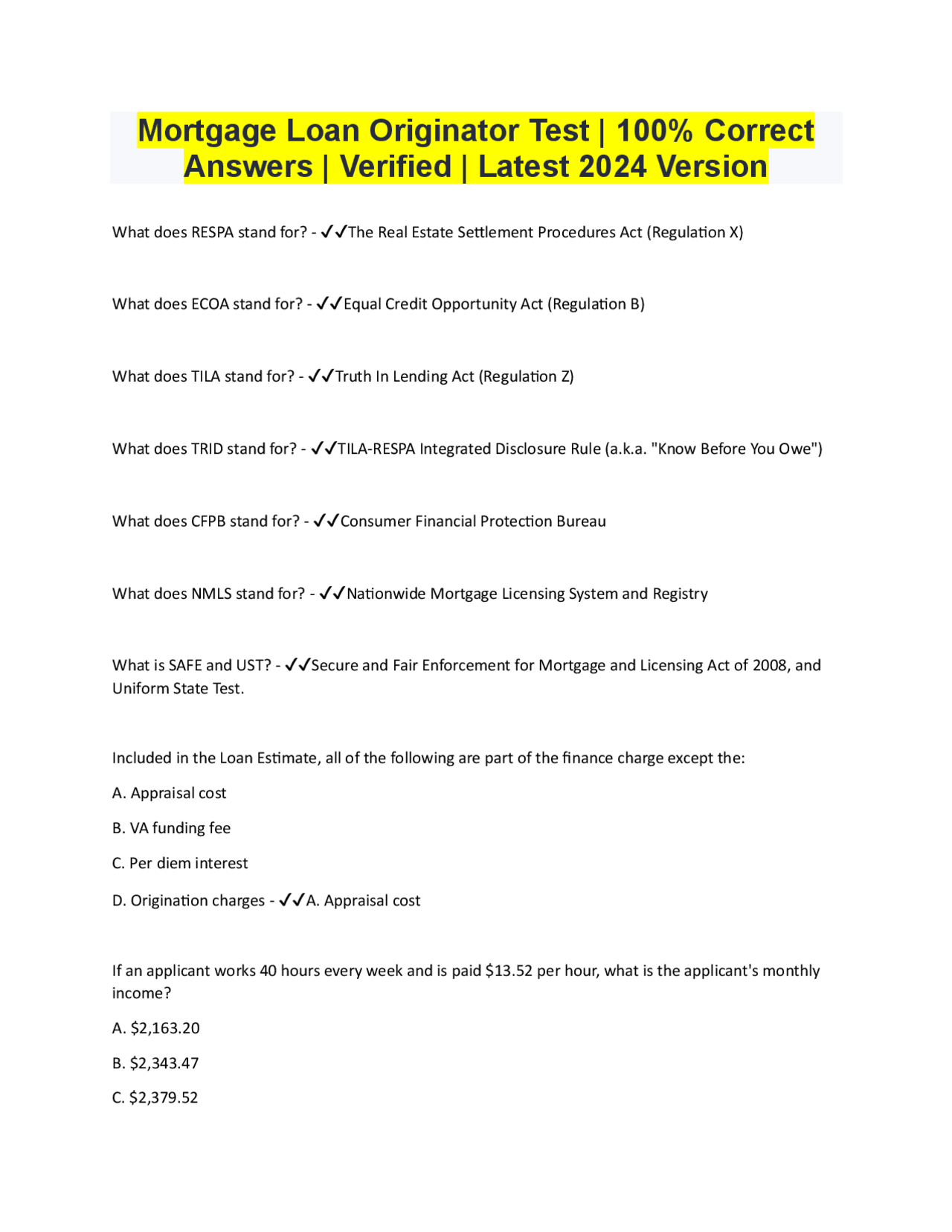 Mortgage Loan Originator Test | 100% Correct Answers | Verified ...