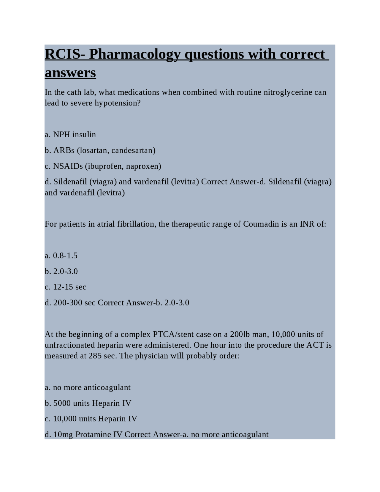 RCIS- Pharmacology questions with correct answers | Exams Nursing | Docsity