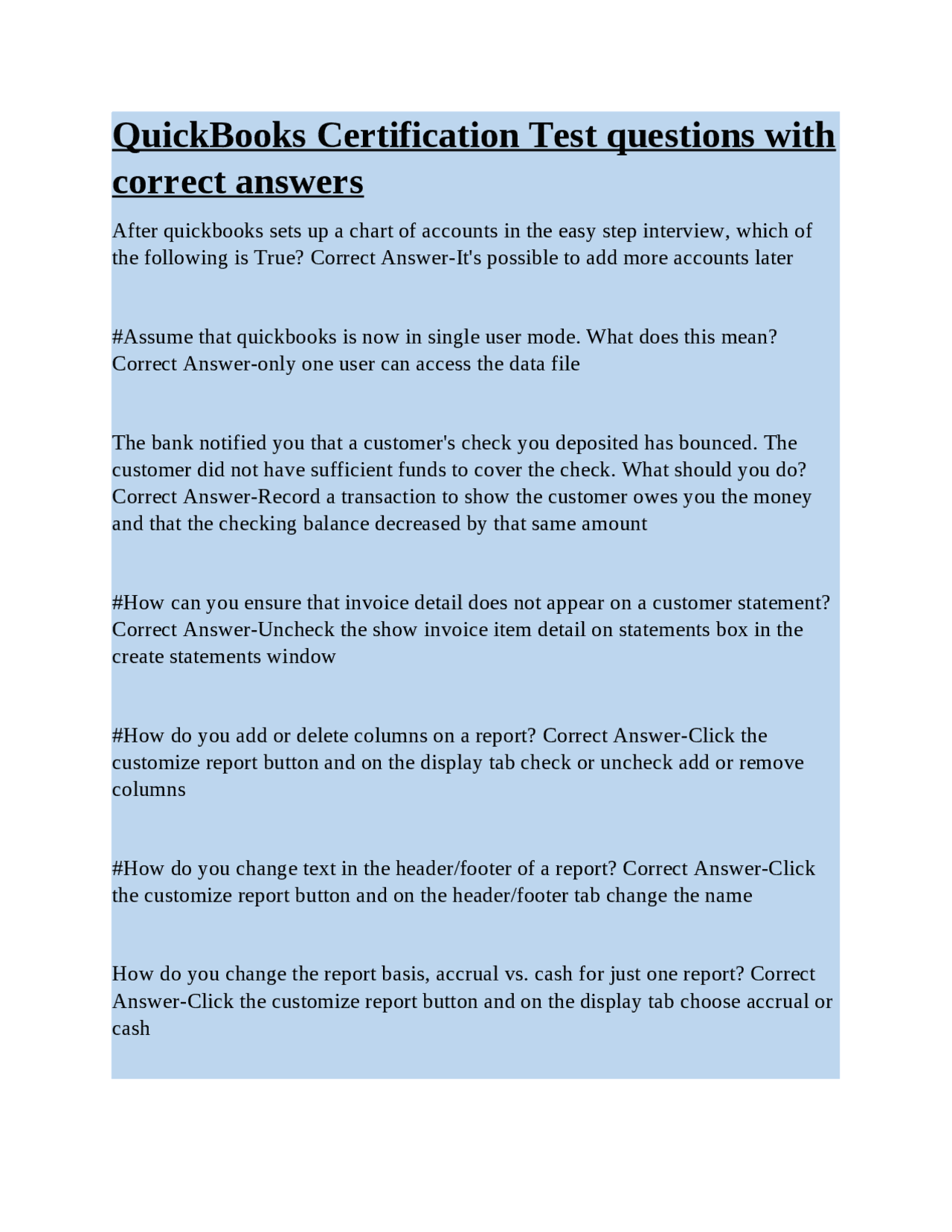 QuickBooks Certification Test Questions and Answers | Exams Computer ...