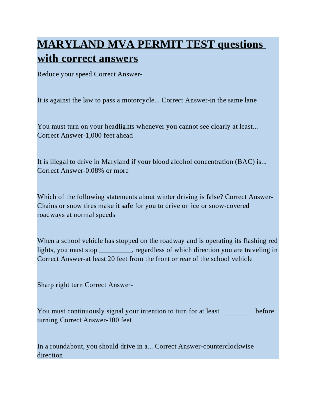 Maryland MVA Permit Test Questions and Answers | Exams Law | Docsity