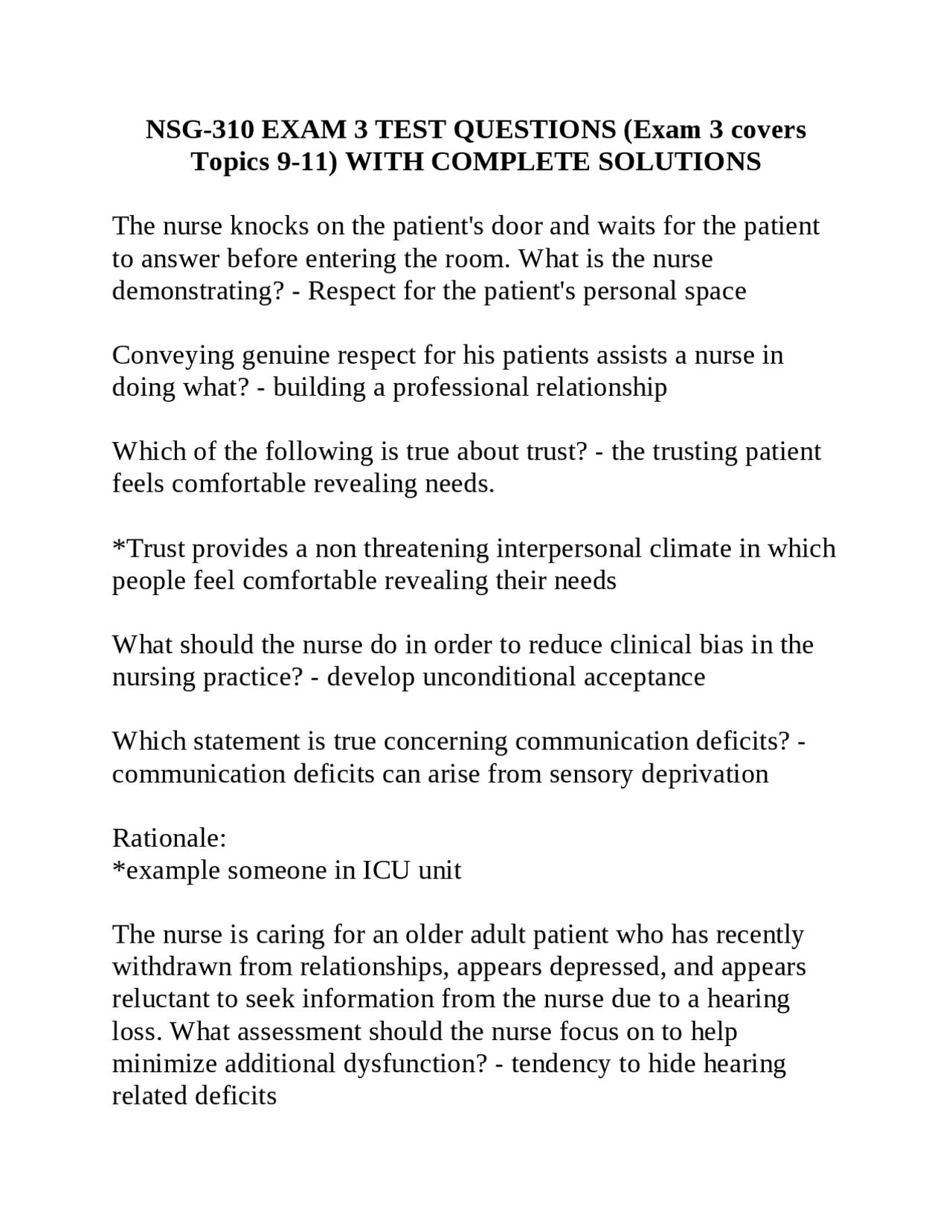 NSG-310 EXAM 3 TEST QUESTIONS (Exam 3 covers Topics 9-11) WITH COMPLETE ...