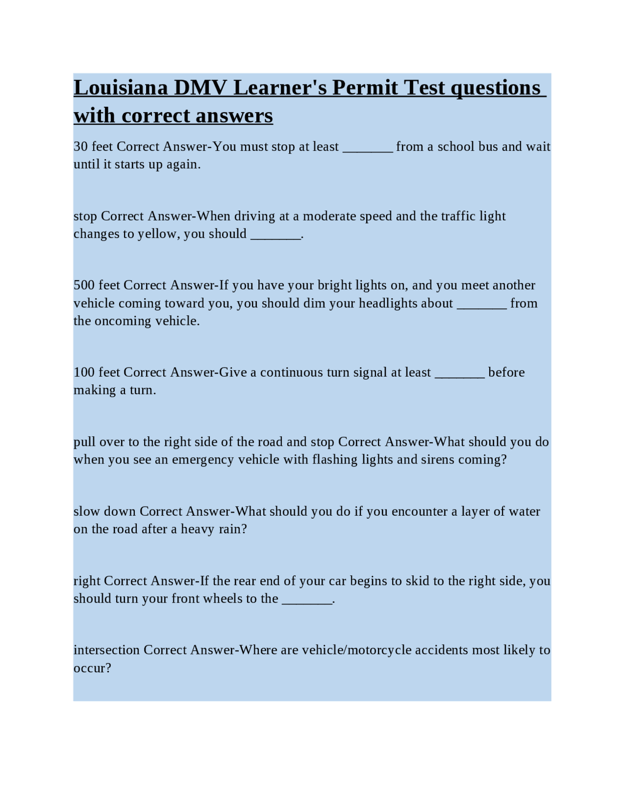 Louisiana DMV Learner's Permit Test questions with correct answers ...