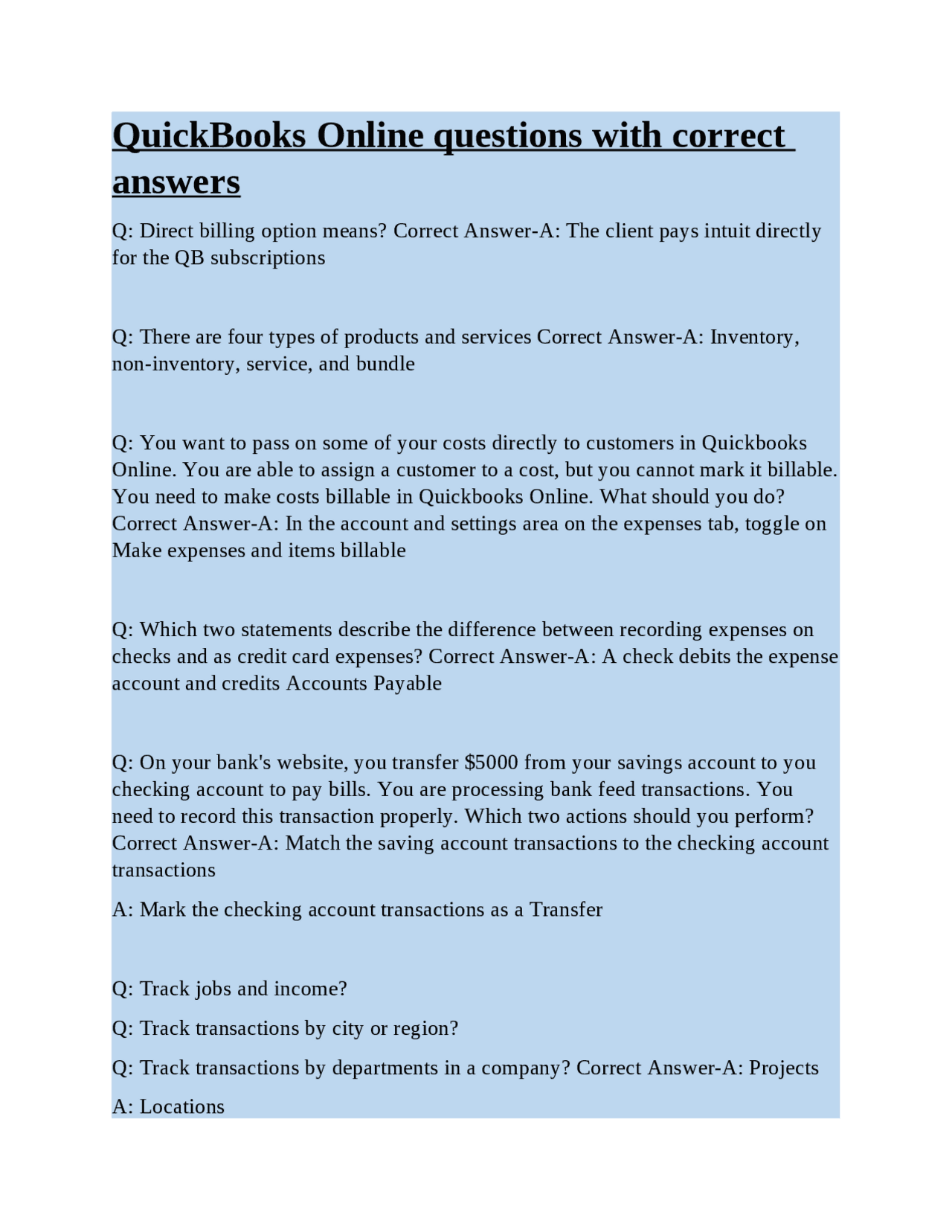 QuickBooks Online questions with correct answers | Exams Computer ...
