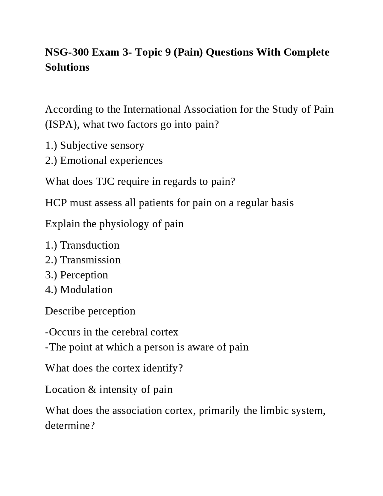 NSG-300 Exam 3- Topic 9 (Pain) Questions With Complete Solutions ...