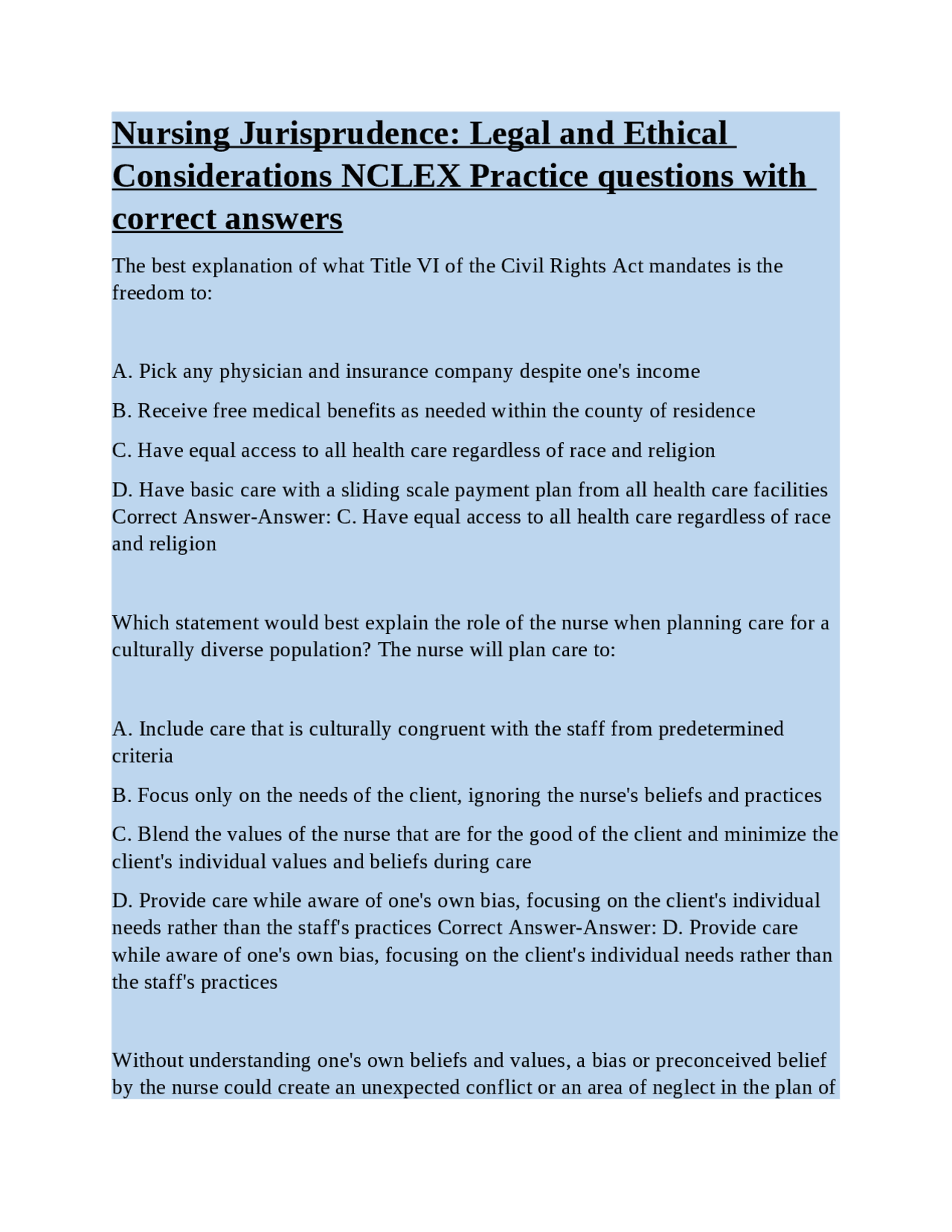 Nursing Jurisprudence: Legal and Ethical Considerations NCLEX Practice ...