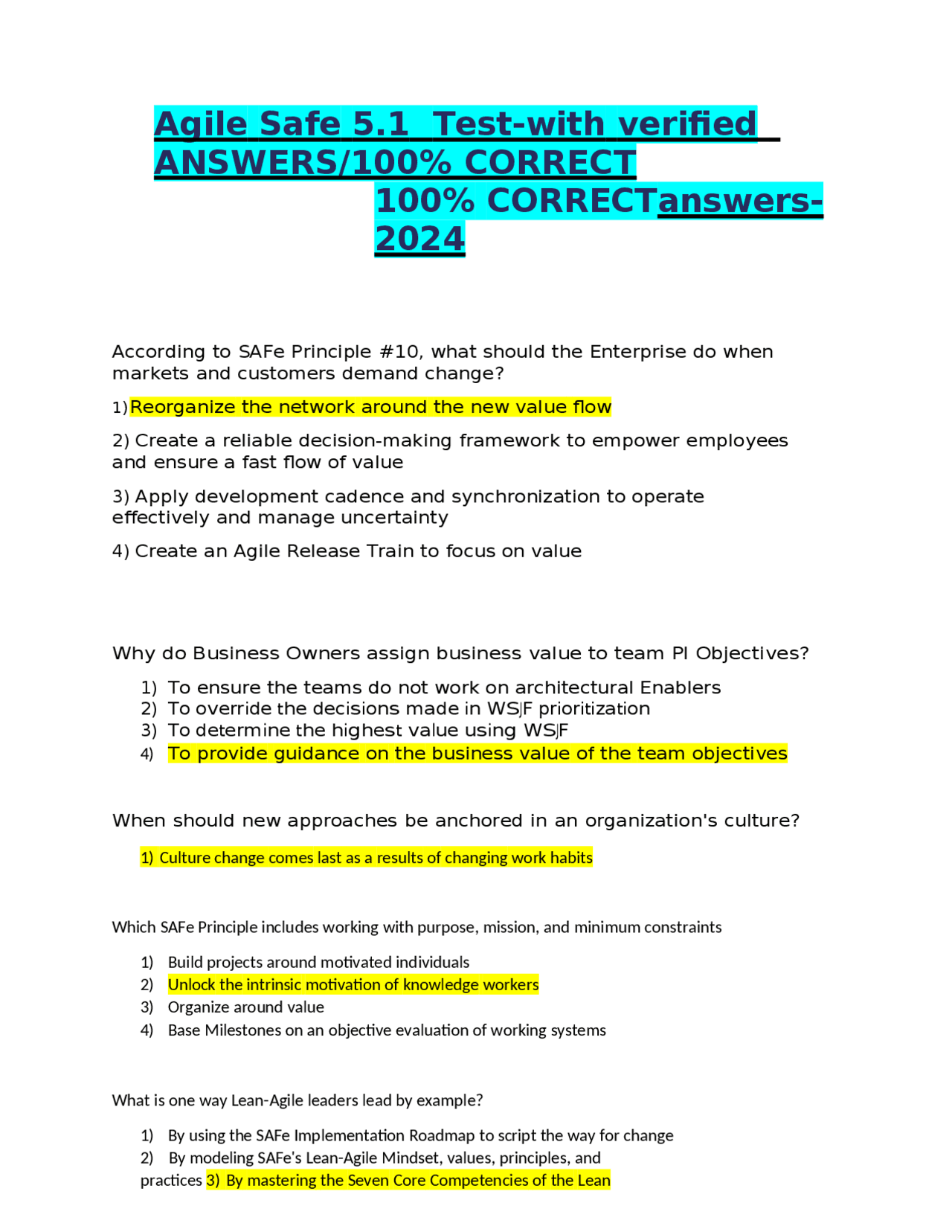 Agile Safe 5 1 Test With Verified Answers 100 Correct Exams Nursing Docsity