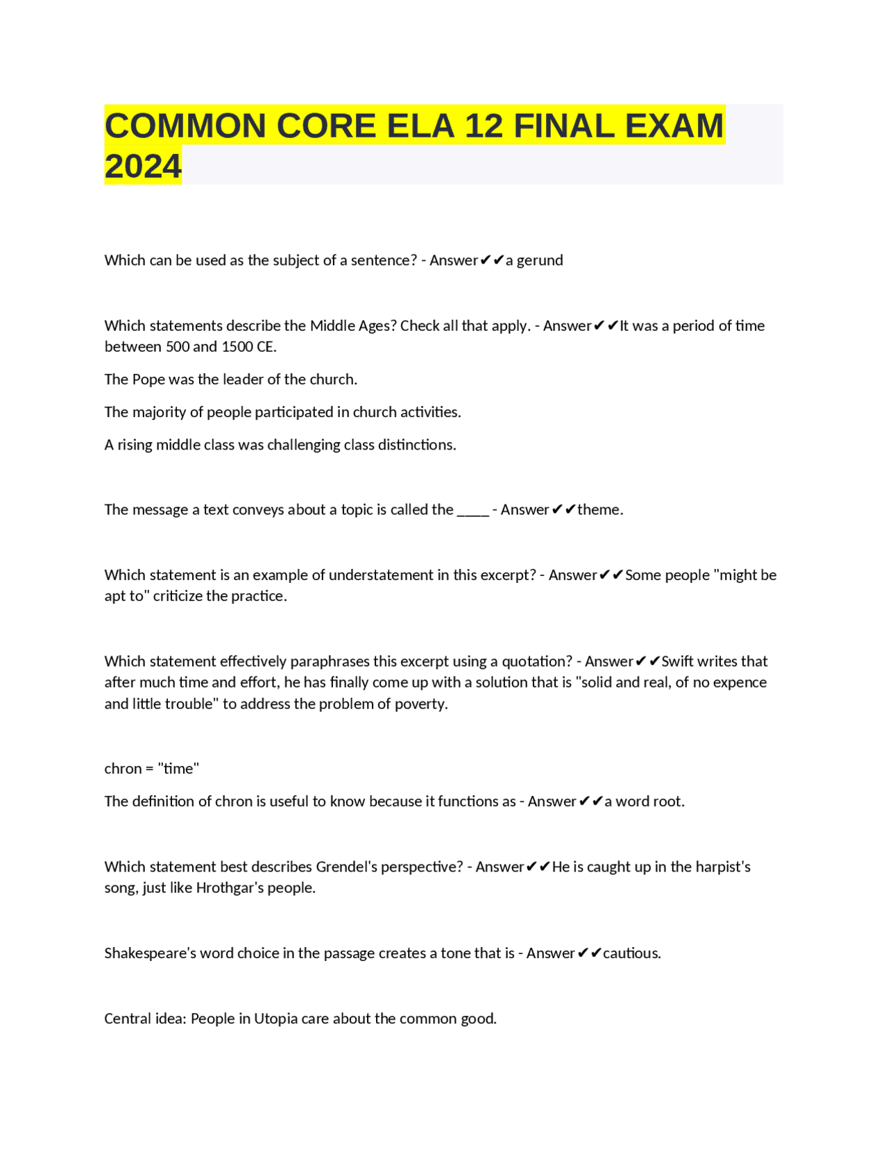 Common Core ELA 12 Final Exam 2024 | Exams Nursing | Docsity