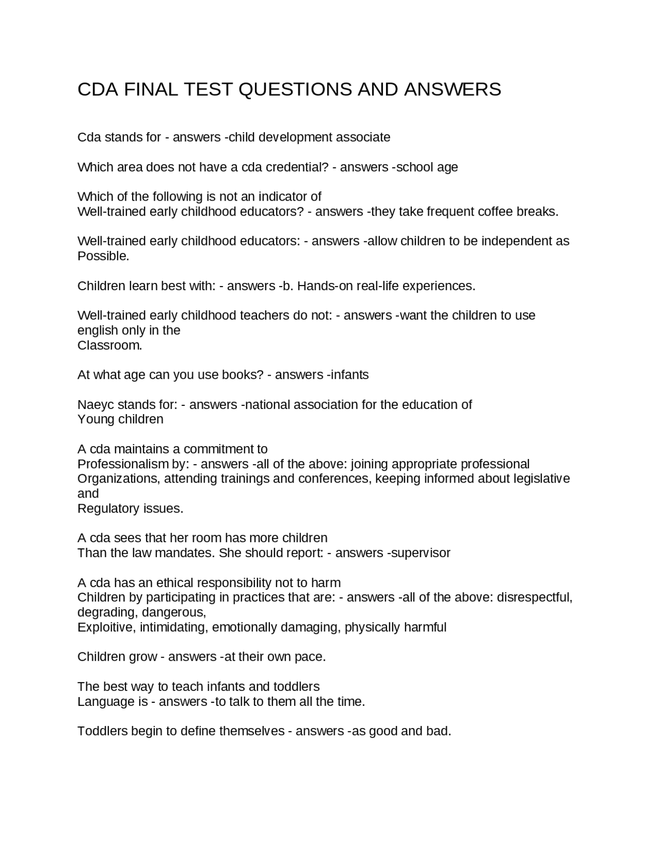 CDA FINAL TEST QUESTIONS AND ANSWERS | Exams Childhood Development ...