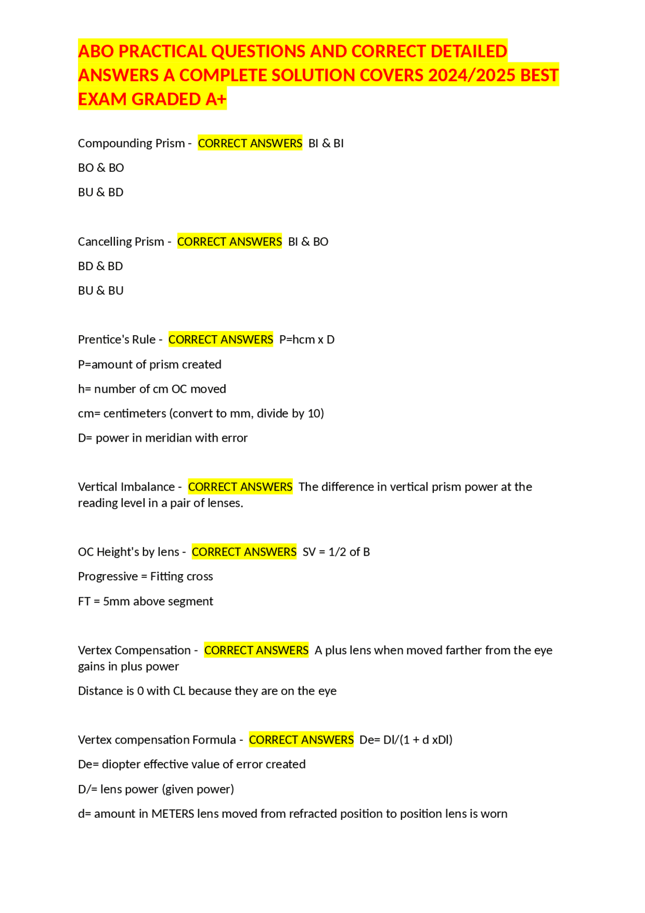 ABO PRACTICAL QUESTIONS AND CORRECT DETAILED ANSWERS A COMPLETE ...