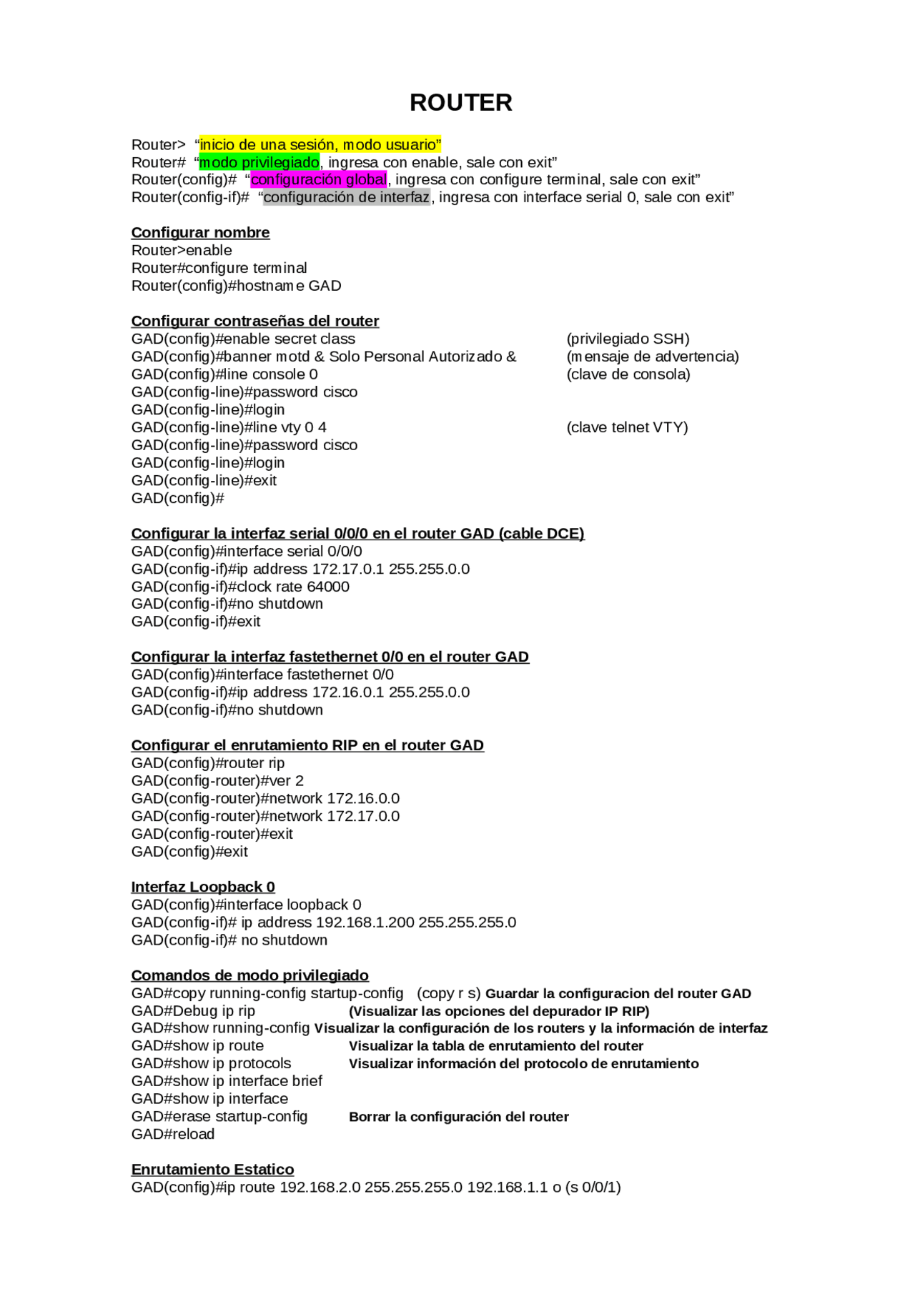 Comandos CISCOS packet tracer | Resúmenes de Diseño de Redes | Docsity