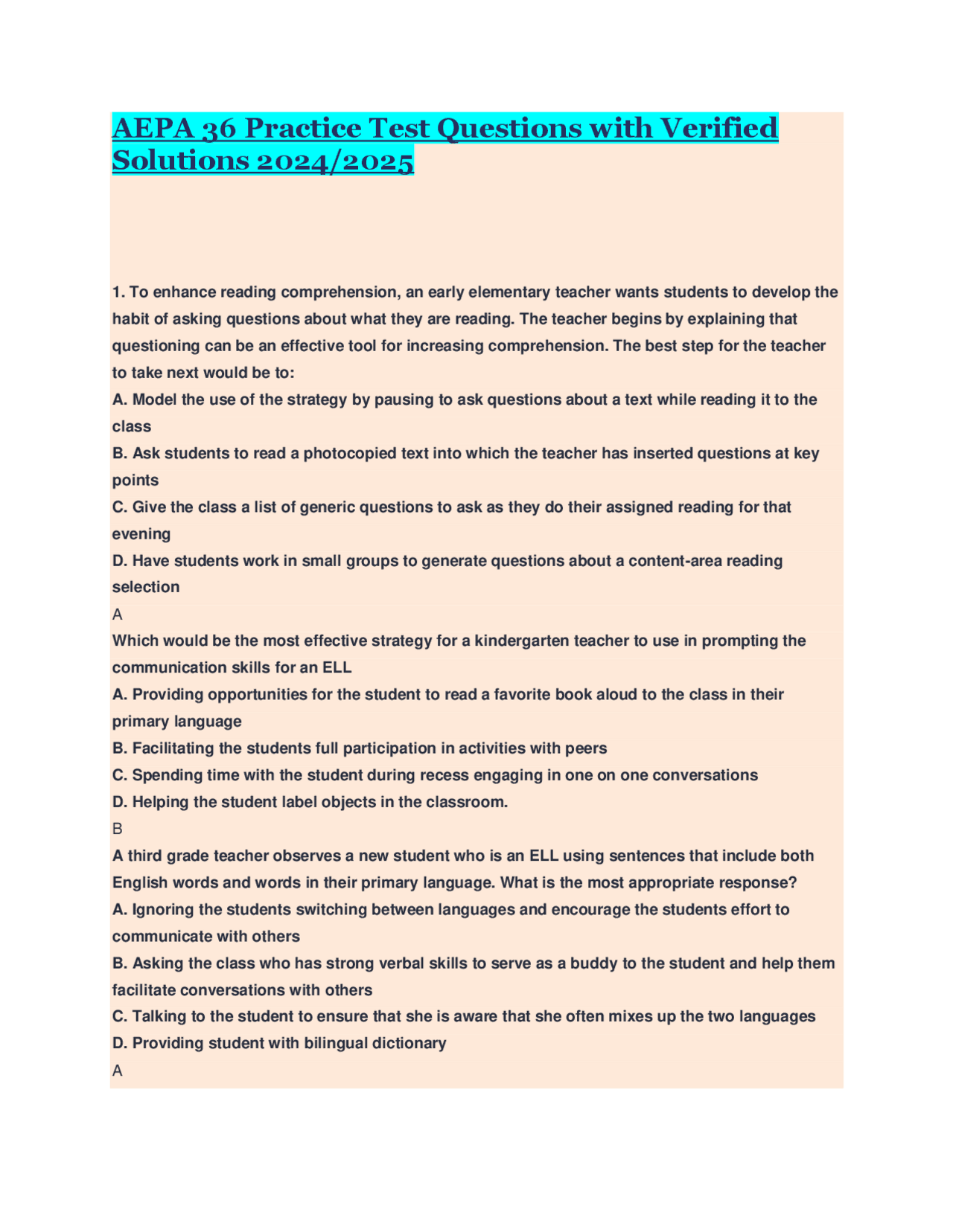 AEPA 36 Practice Test Questions with Verified Solutions 2024/2025 ...