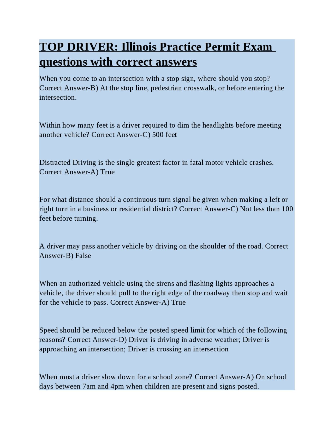 Illinois Practice Permit Exam Questions and Answers | Exams Law | Docsity
