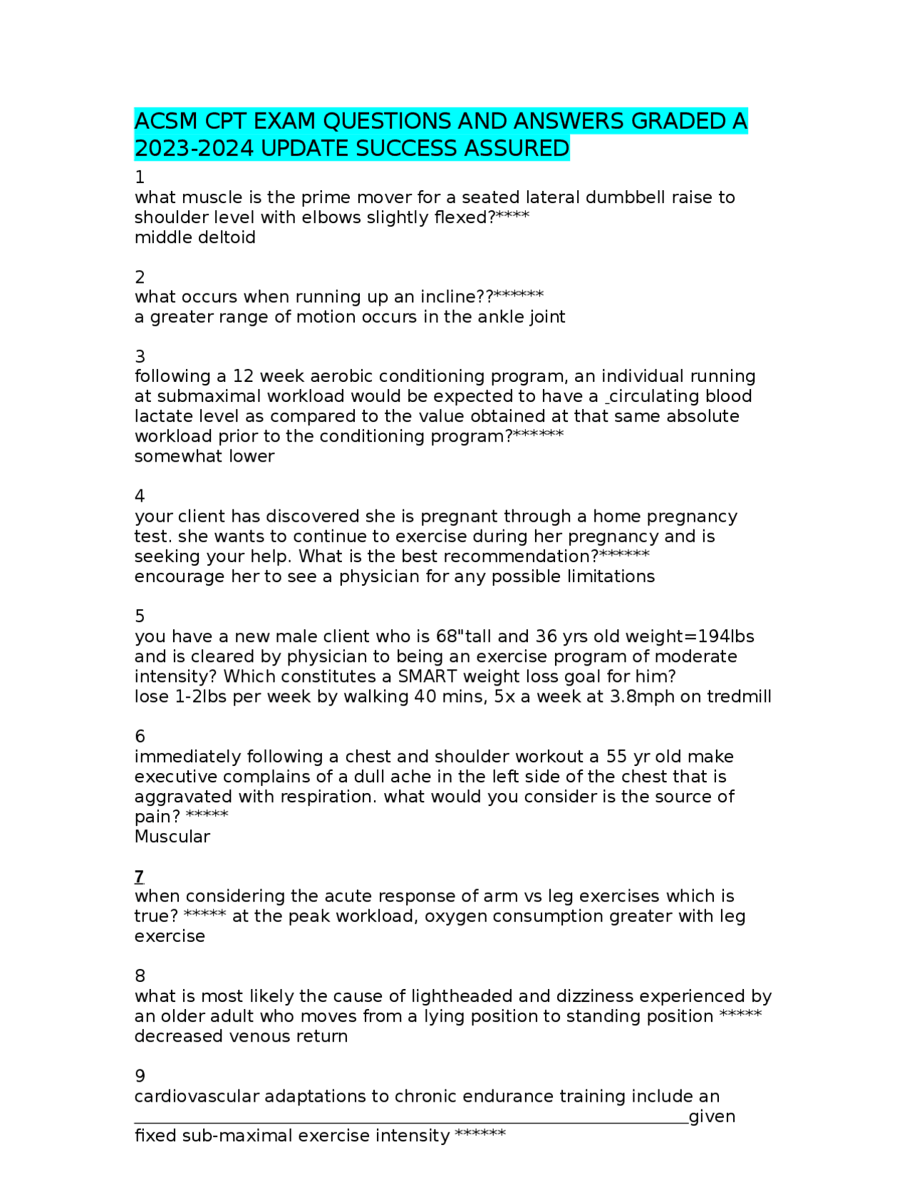 ACSM CPT EXAM QUESTIONS AND ANSWERS GRADED A 2023-2024 UPDATE SUCCESS ...