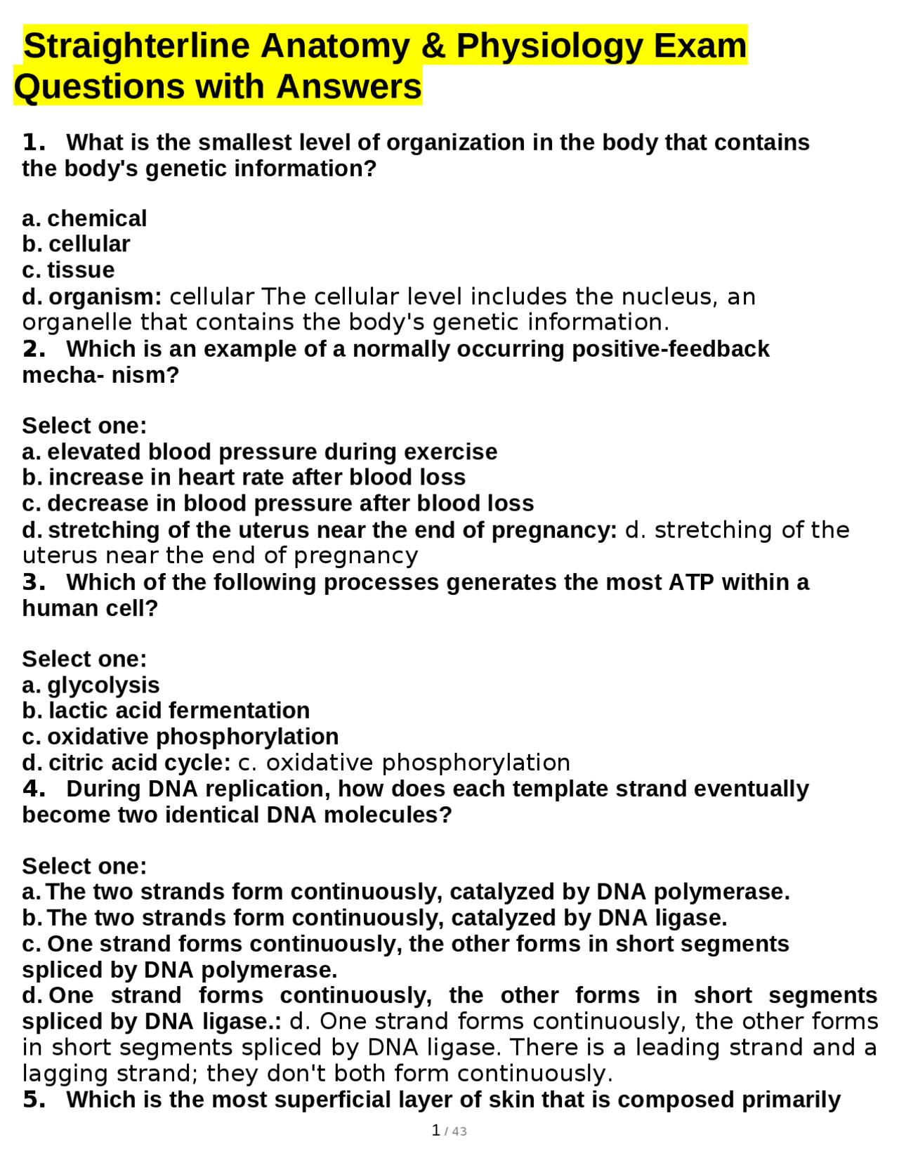 Straighterline Anatomy & Physiology Exam Questions with Answers | Exams Anatomy | Docsity