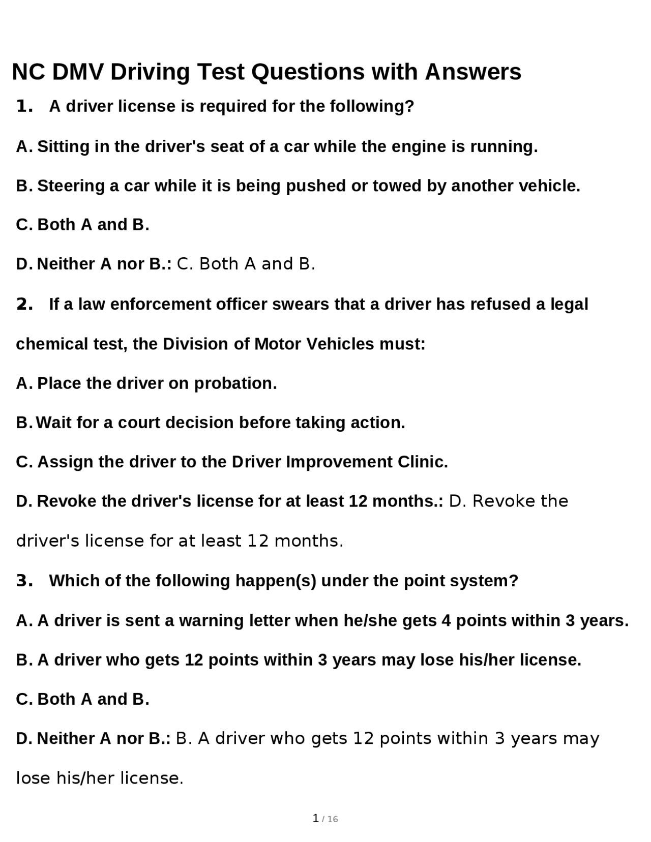 NC DMV Driving Test Questions with Answers | Exams Physical Education ...