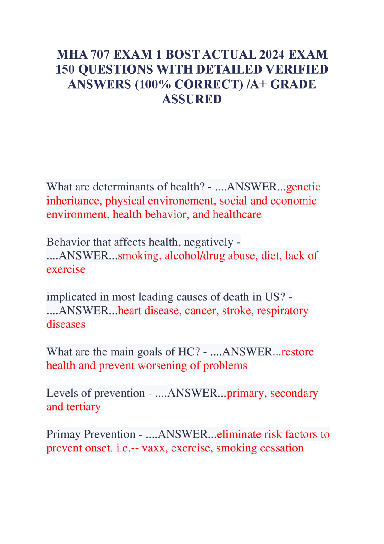 MHA 707 EXAM 1 BOST ACTUAL 2024 EXAM 150 QUESTIONS WITH DETAILED ...