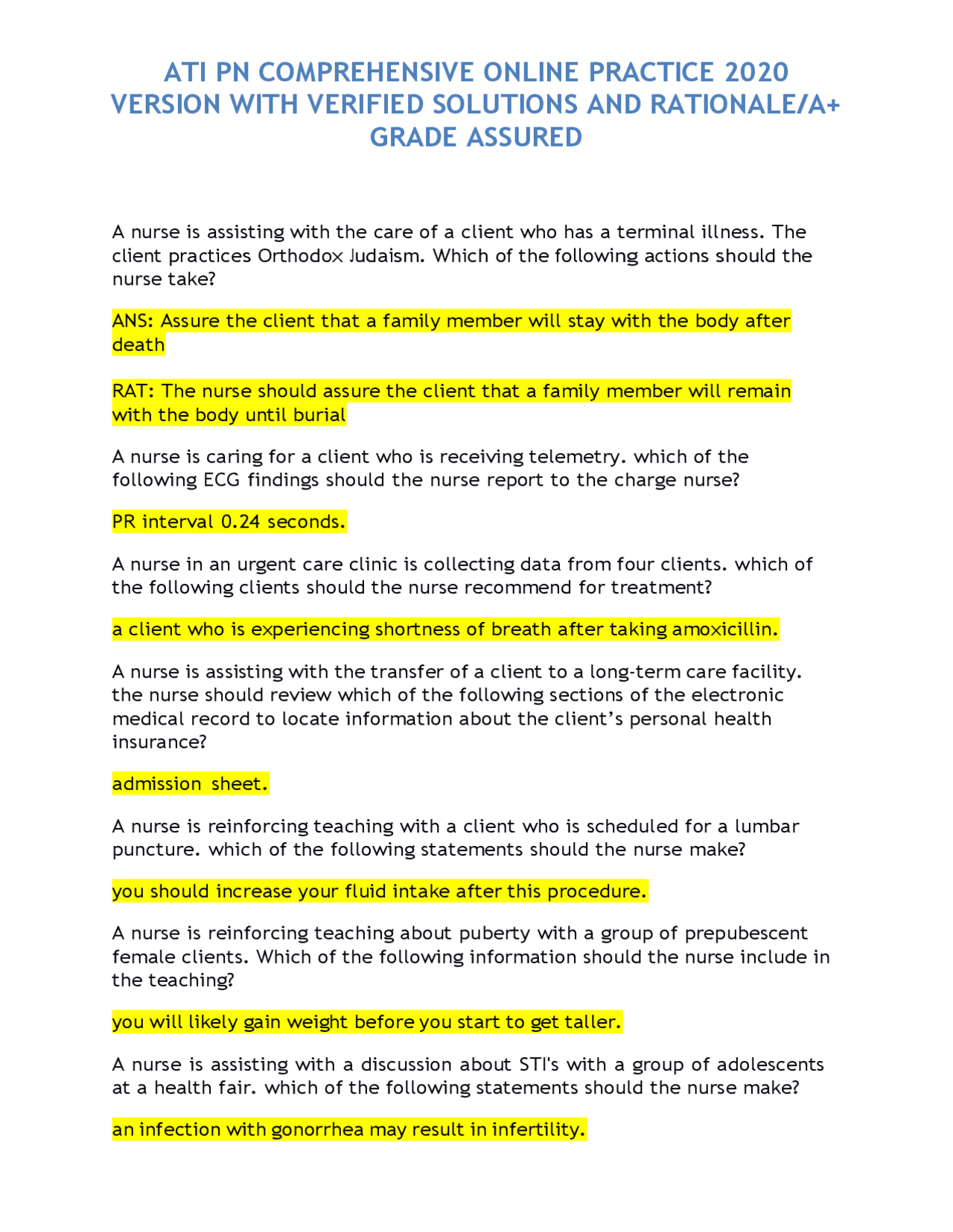 ATI PN COMPREHENSIVE ONLINE PRACTICE 2020 VERSION WITH VERIFIED ...