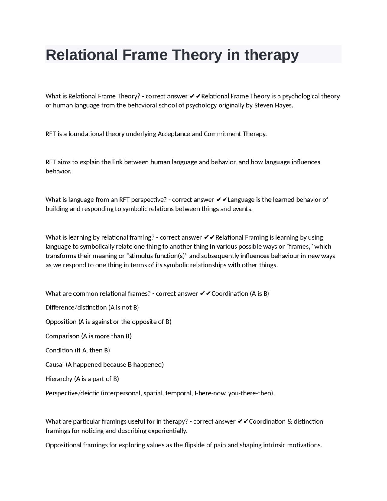 Relational Frame Theory in therapy questions with verified answers ...