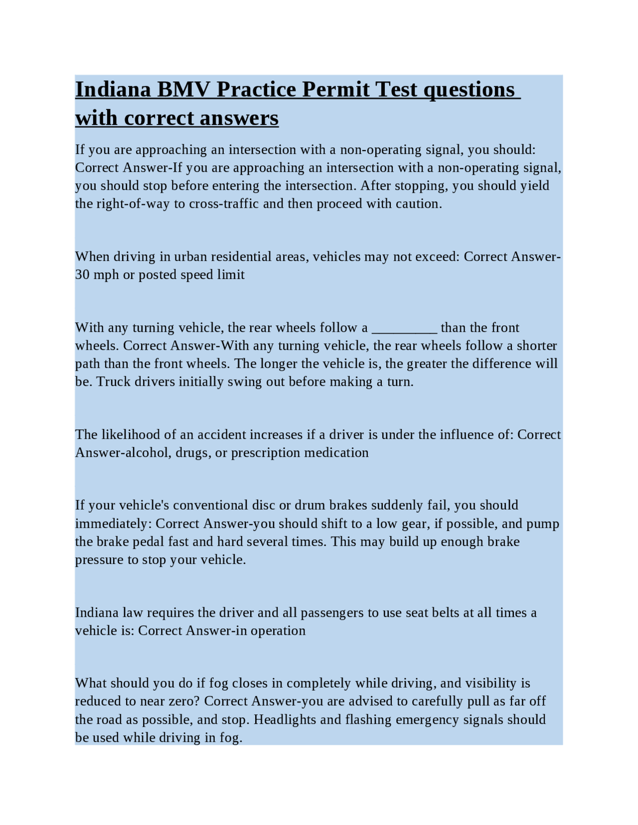 Indiana BMV Practice Permit Test questions with correct answers | Exams ...