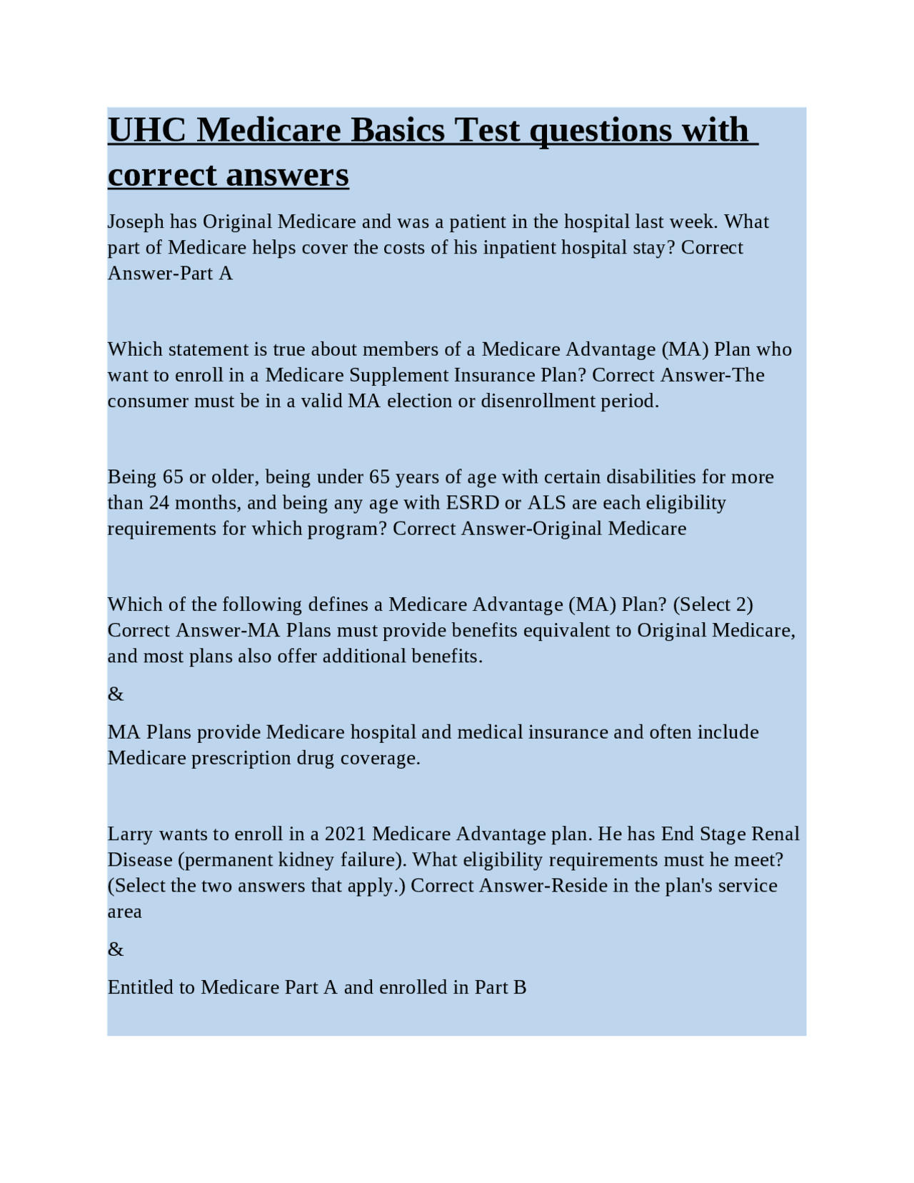 UHC Medicare Basics Test questions with correct answers | Exams Public ...