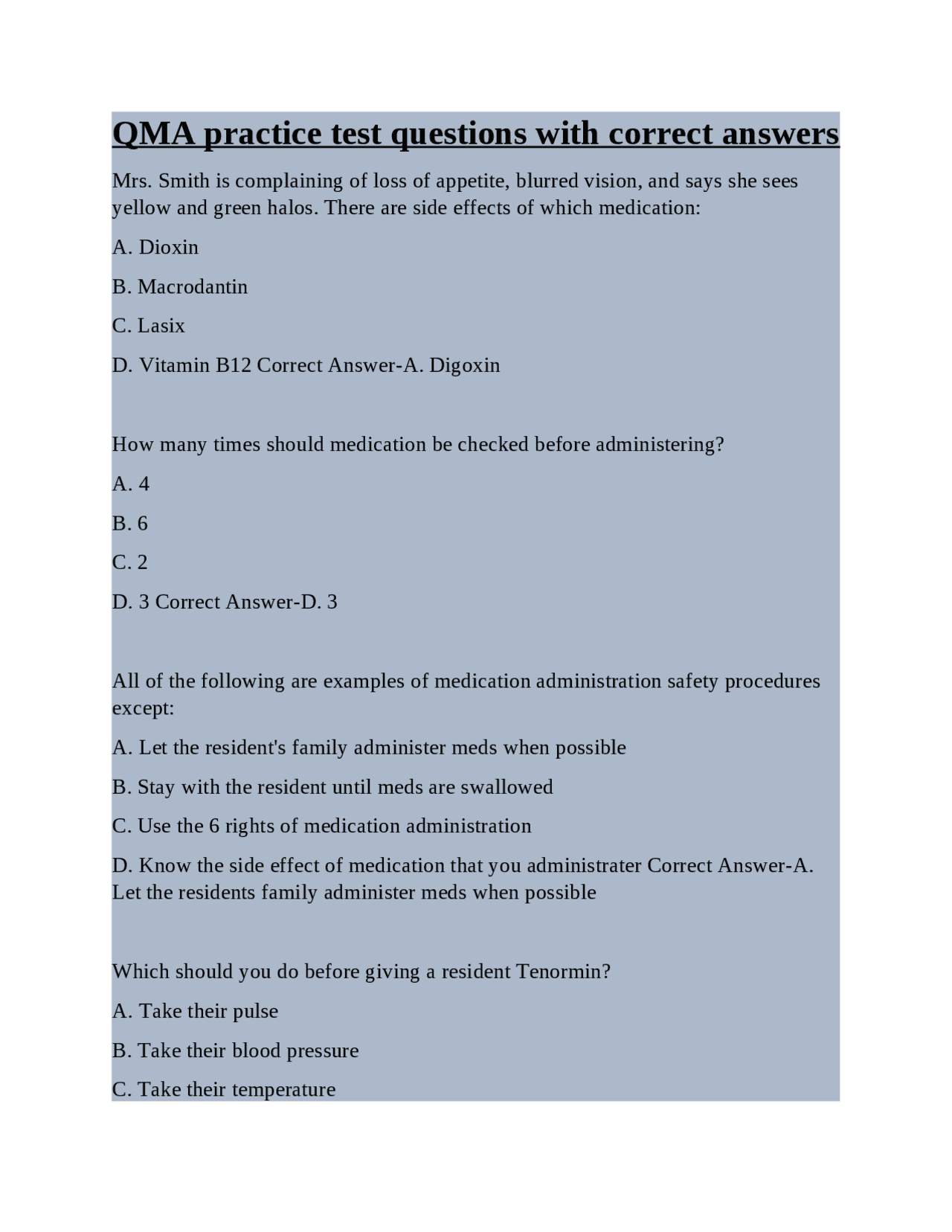 QMA practice test questions with correct answers | Exams Nursing | Docsity