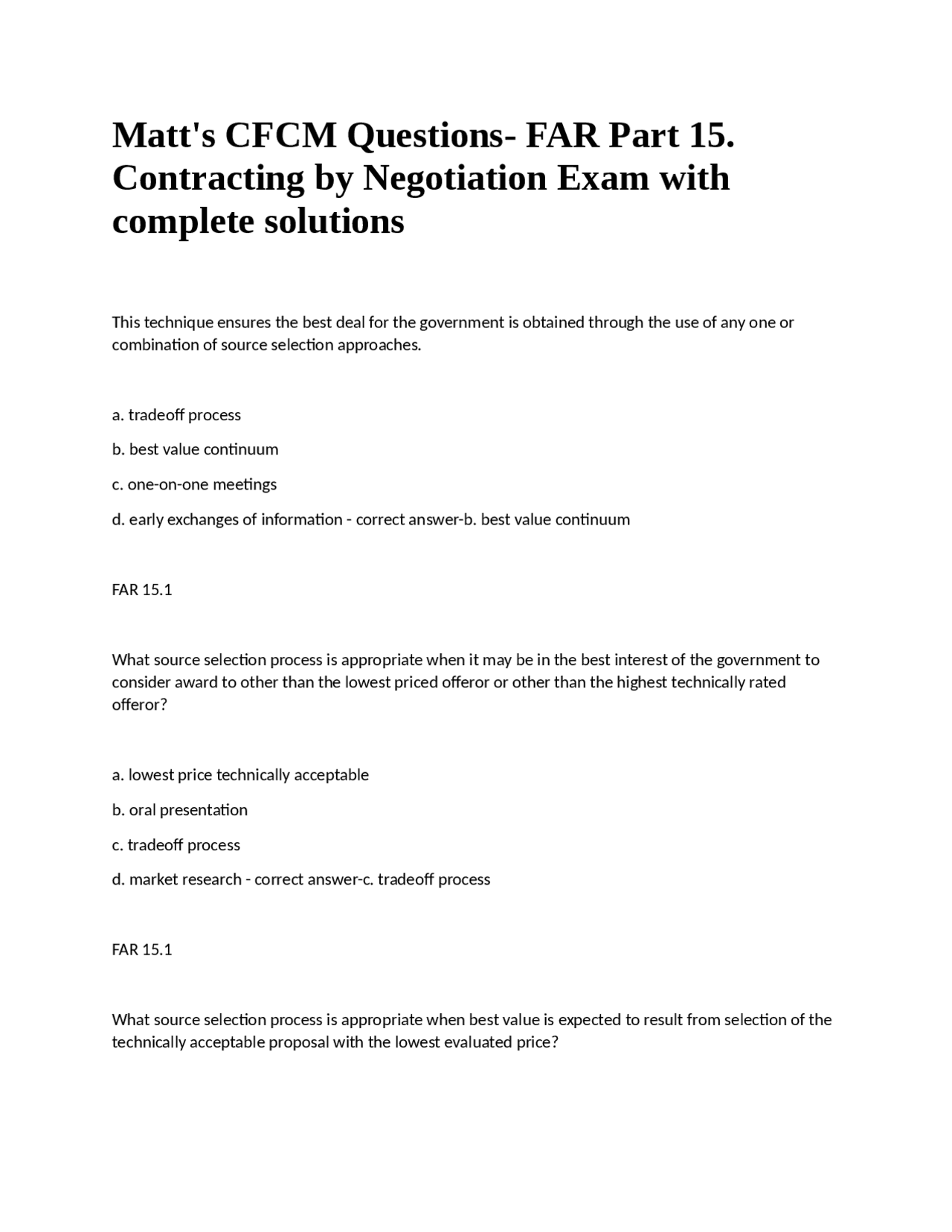 Matt's CFCM Questions- FAR Part 15. Contracting by Negotiation Exam ...