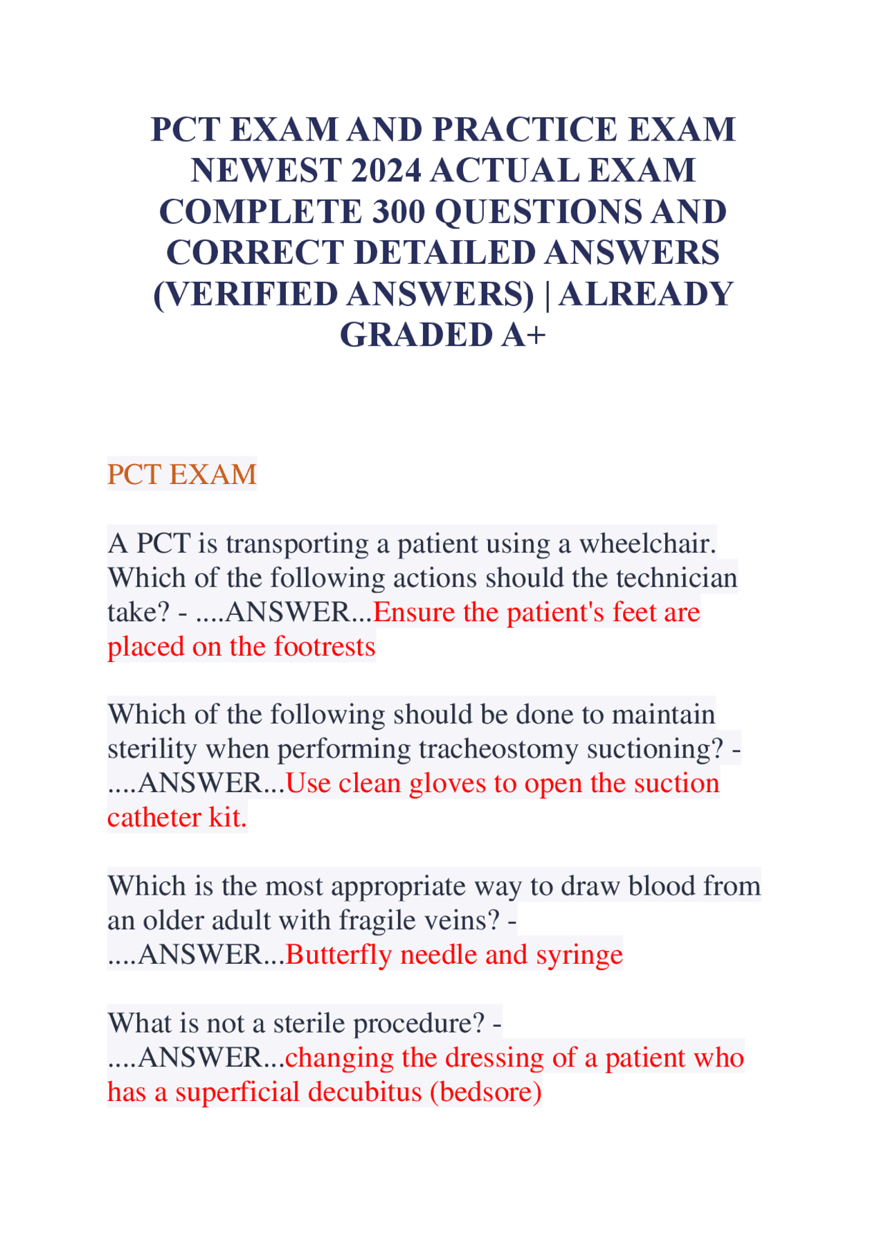 PCT EXAM AND PRACTICE EXAM NEWEST 2024 ACTUAL EXAM COMPLETE 300 ...