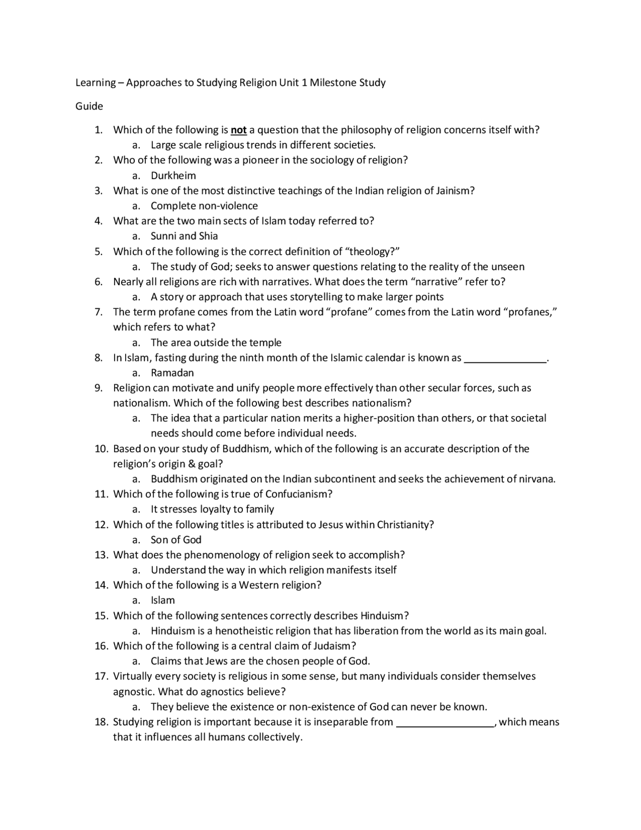 Learning Approaches to Studying Religions Unit 1 Milestone 1. | Exams ...