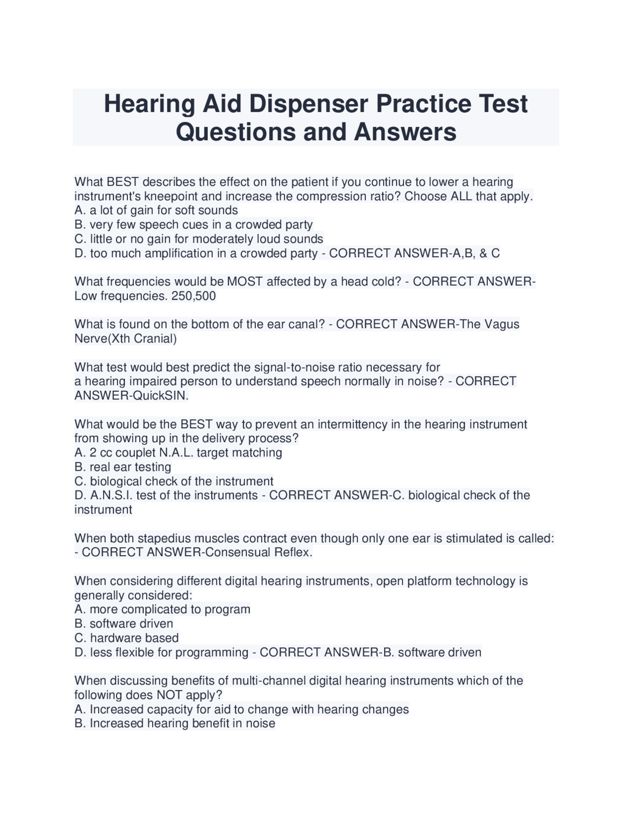 Hearing Aid Dispenser Practice Test Questions and Answers | Exams ...