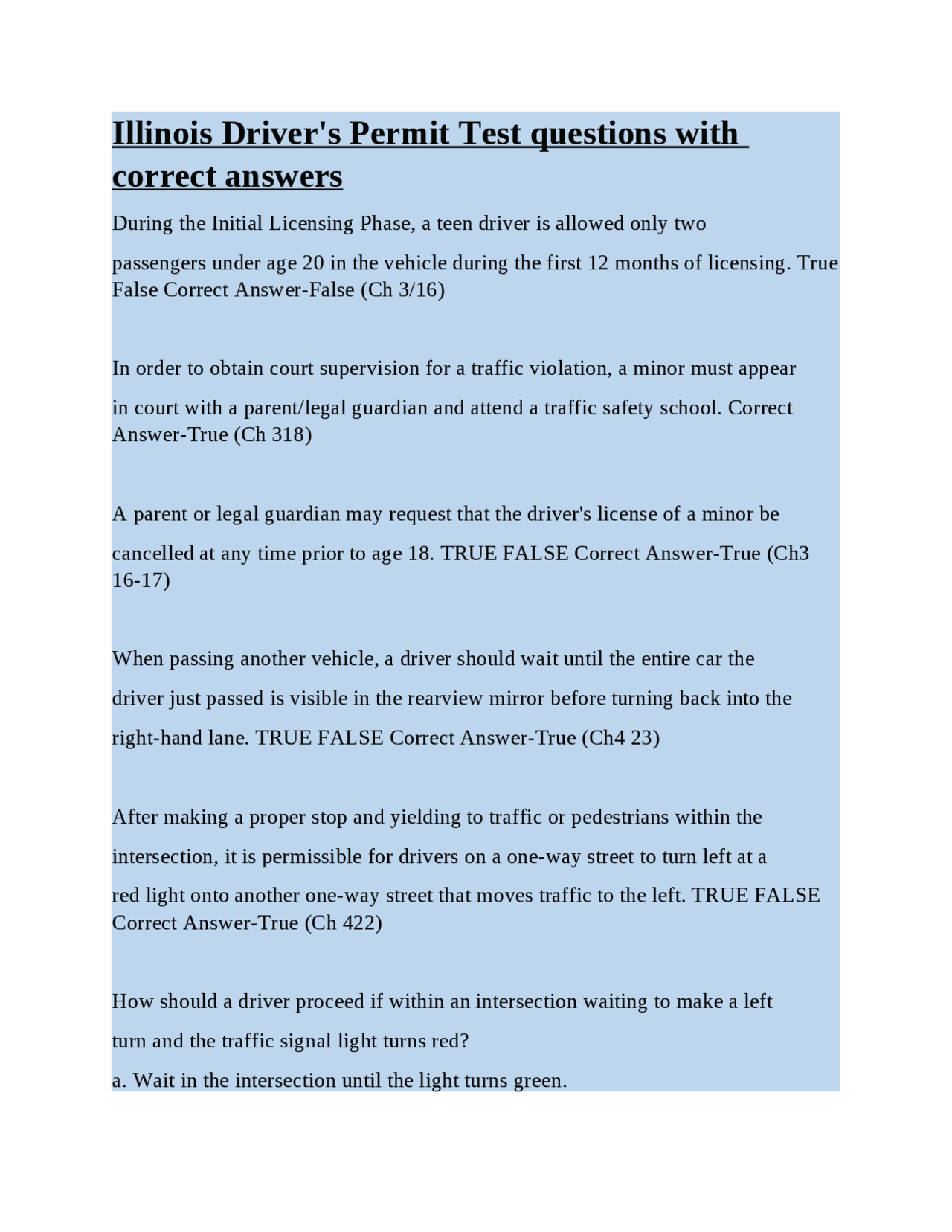 Illinois Driver's Permit Test questions with correct answers | Exams ...
