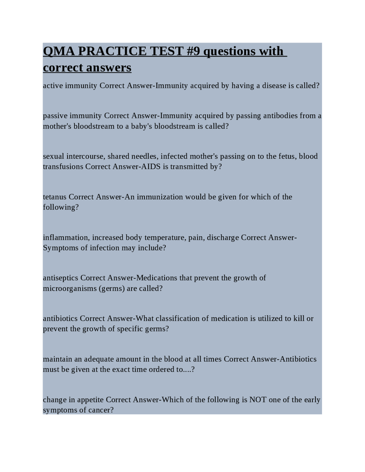 QMA PRACTICE TEST #9 questions with correct answers | Exams ...