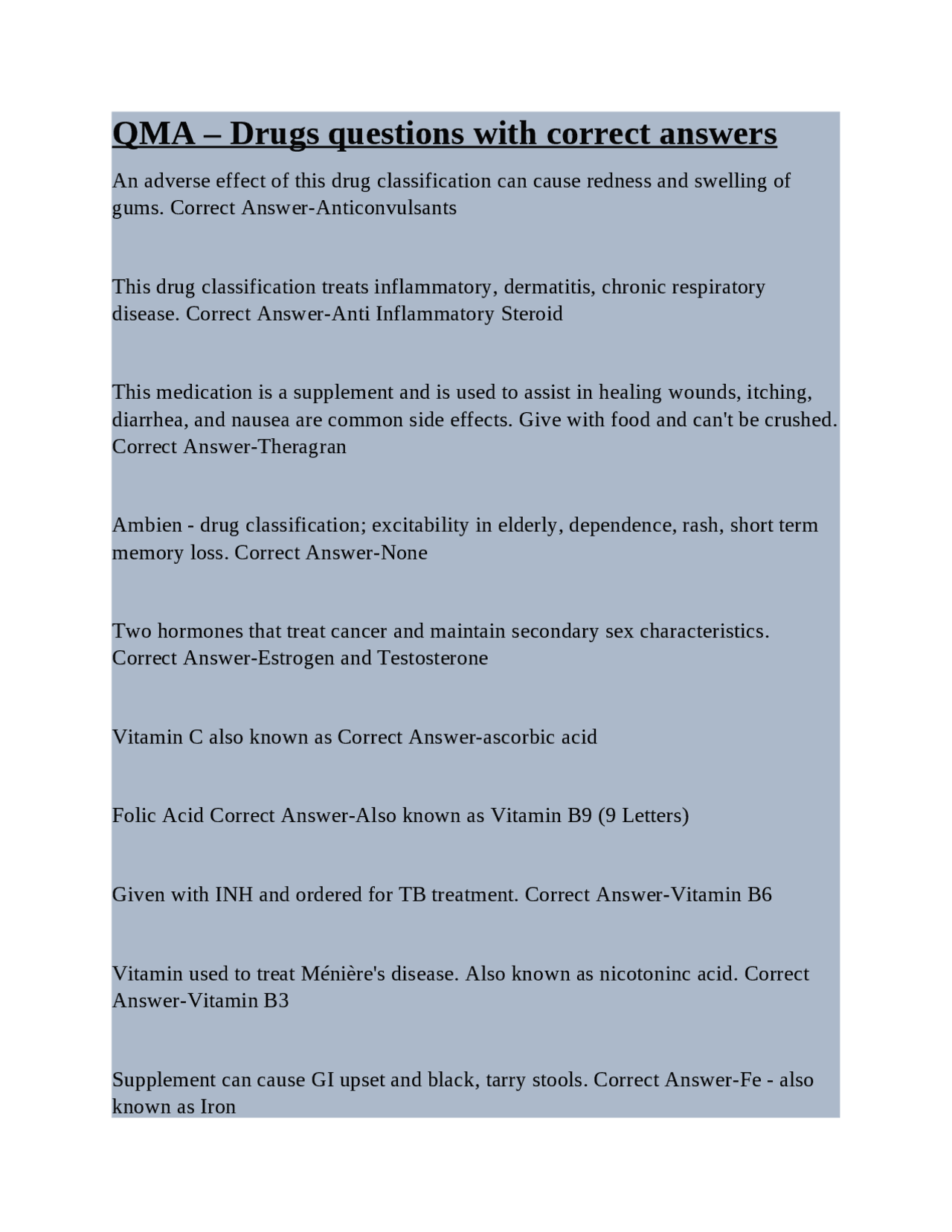 Drugs Questions with Correct Answers | Exams Pharmacology | Docsity