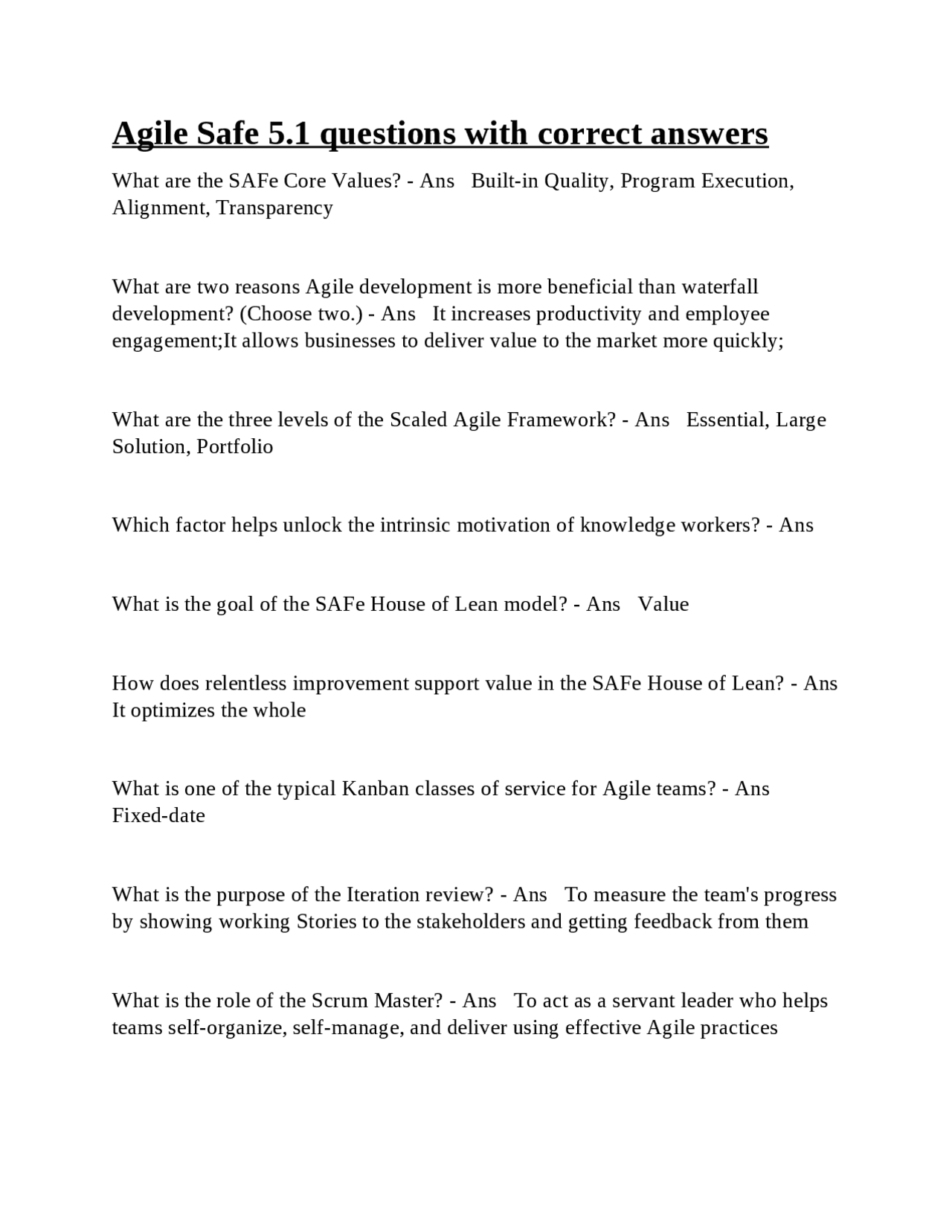 Agile SAFe 5.1 Certification Exam Preparation | Exams Accounting | Docsity