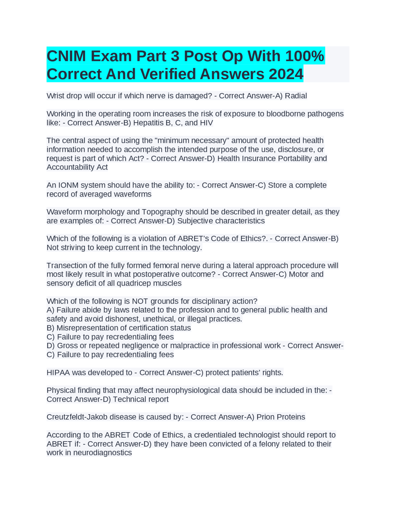 CNIM Exam Part 3 Post Op With 100% Correct And Verified Answers 2024 ...
