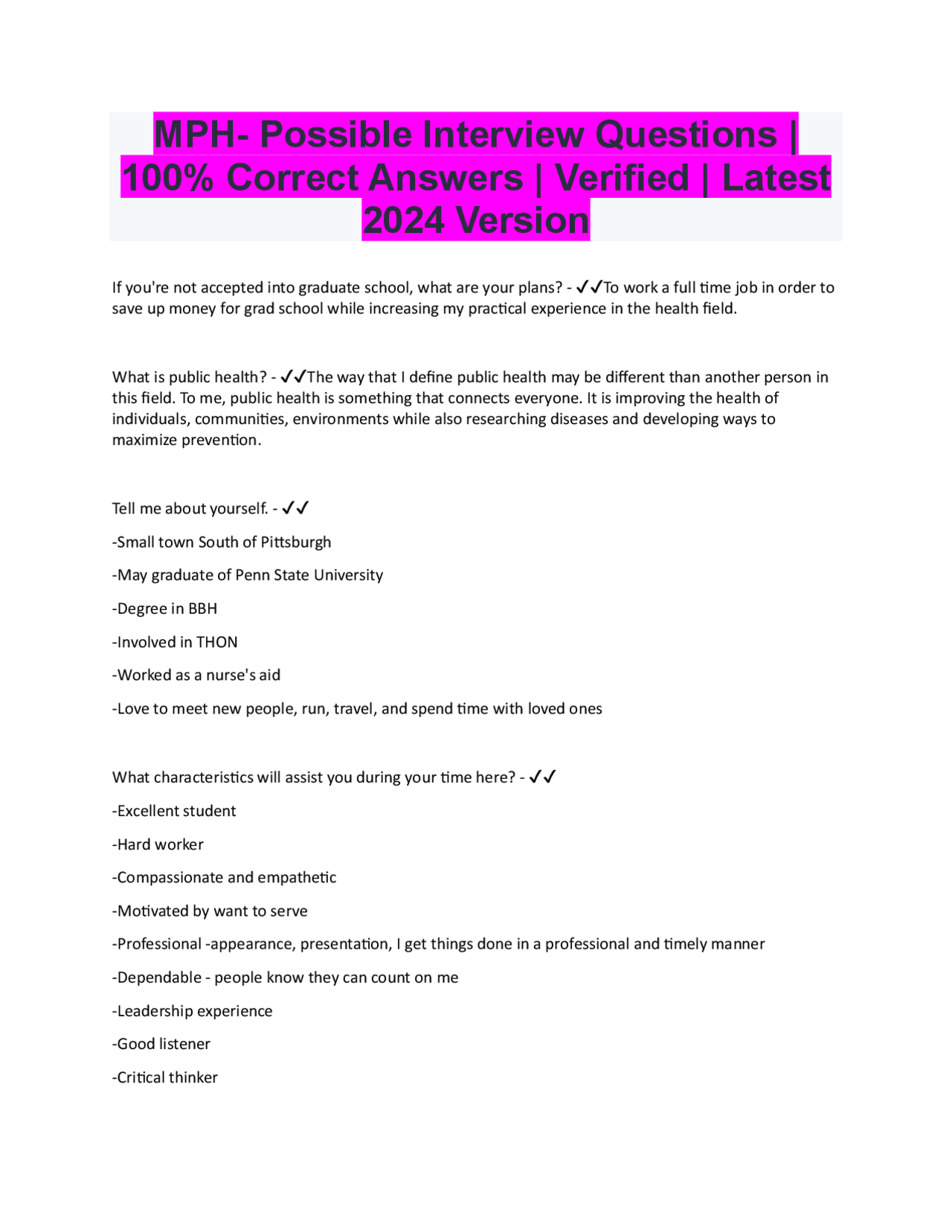 MPH- Possible Interview Questions | 100% Correct Answers | Verified ...