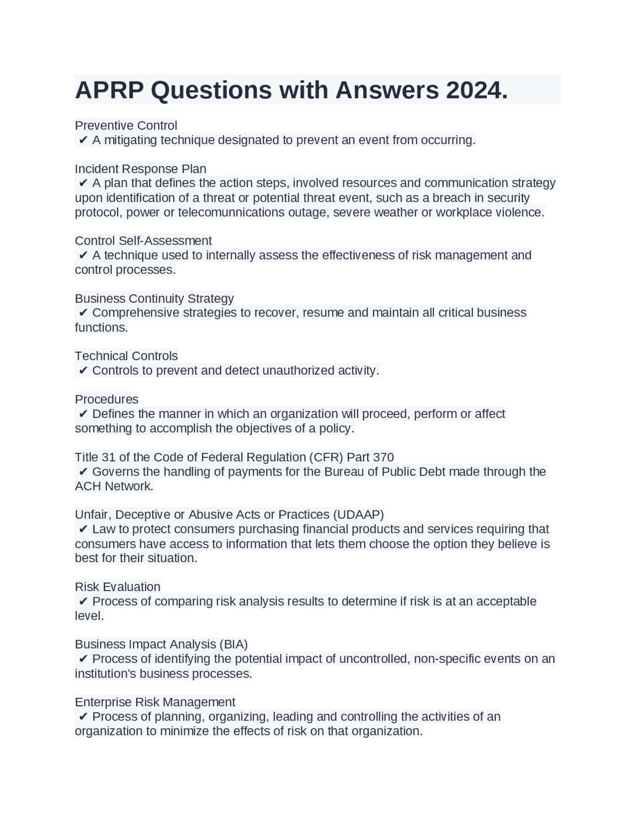 APRP Questions with Answers 2024. | Exams Law | Docsity