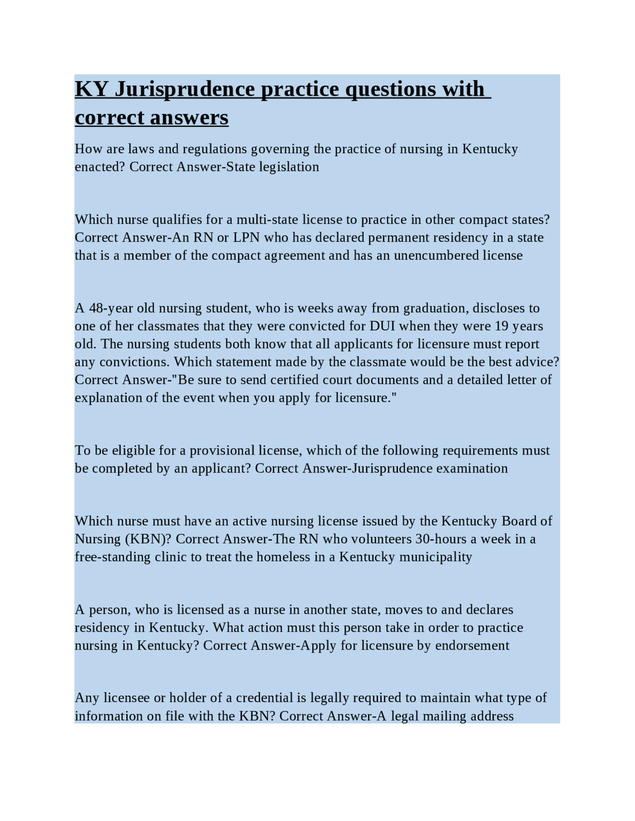 KY Jurisprudence practice questions with correct answers | Exams Law ...