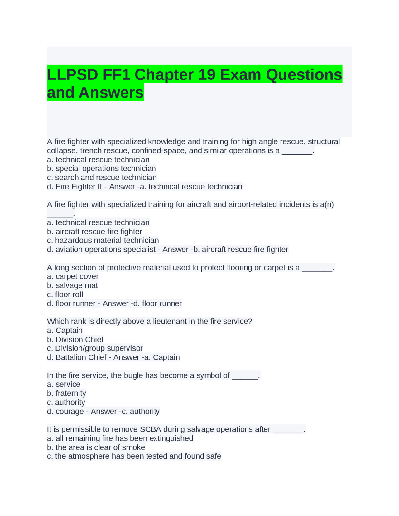 LLPSD FF1 Chapter 19 Exam Questions and Answers | Exams Advanced ...