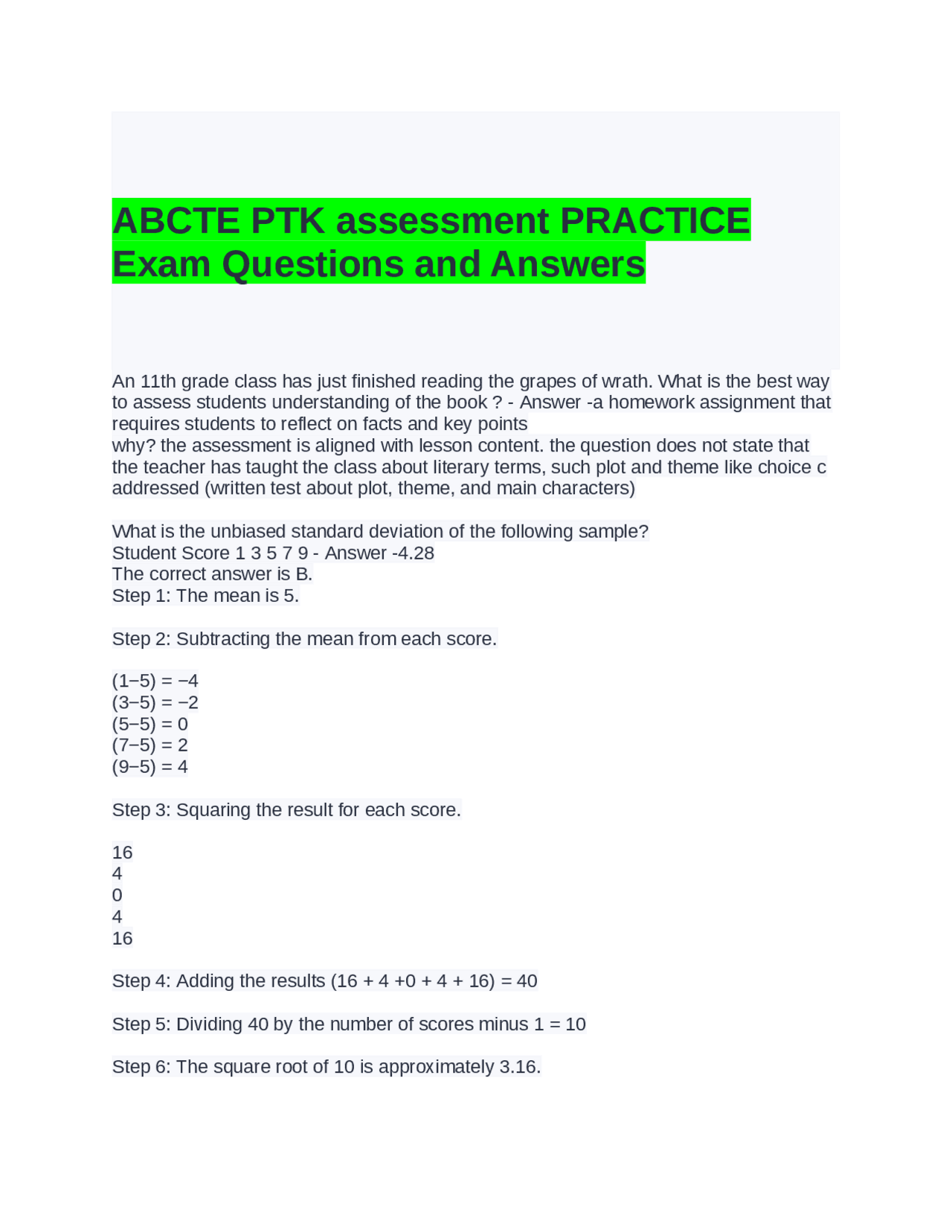 ABCTE PTK assessment PRACTICE Exam Questions and Answers | Exams ...