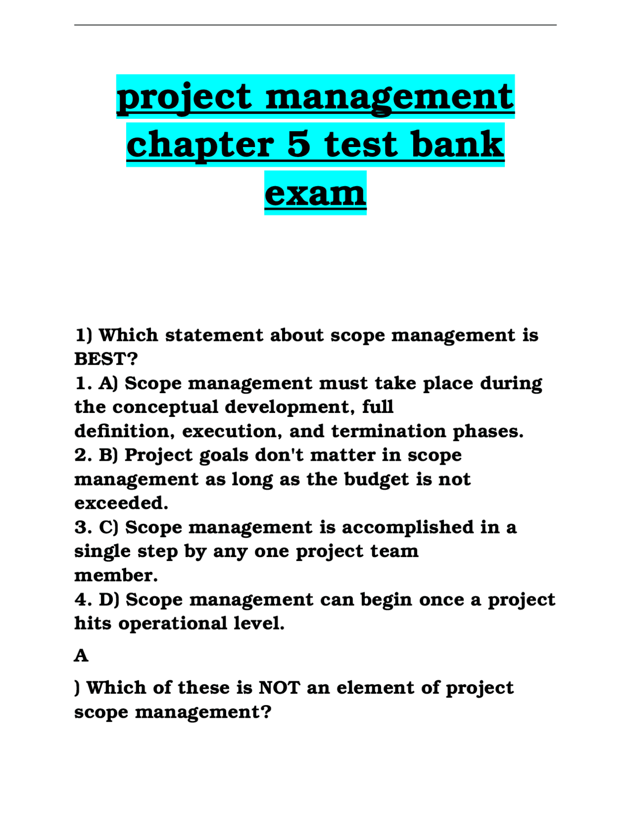 project management chapter 5 test bank exam | Exams Nursing | Docsity