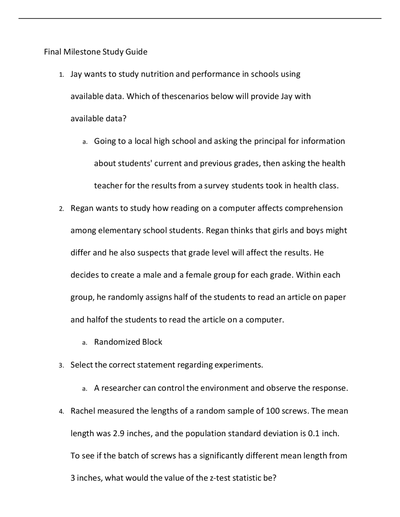 Learning Intro to Statistics Final Milestone. | Exams Statistics | Docsity