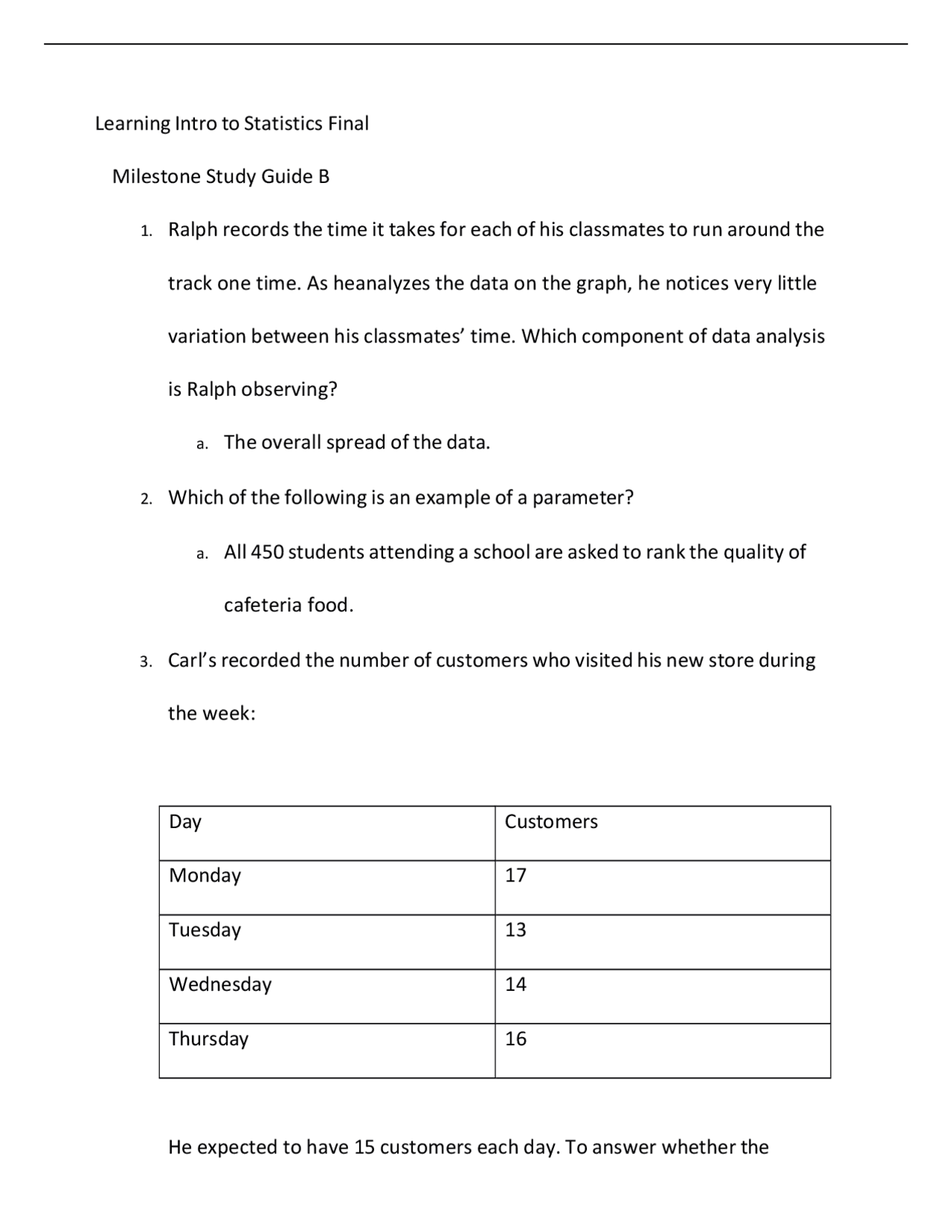 Learning Intro to Statistics Final Milestone Study Guide B | Exams ...