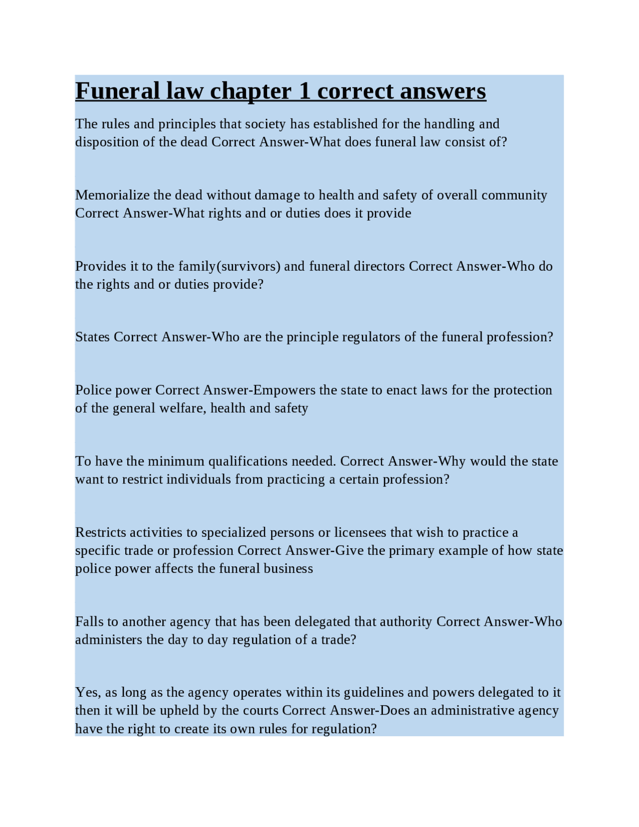 Funeral law chapter 1 correct answers | Exams Law | Docsity