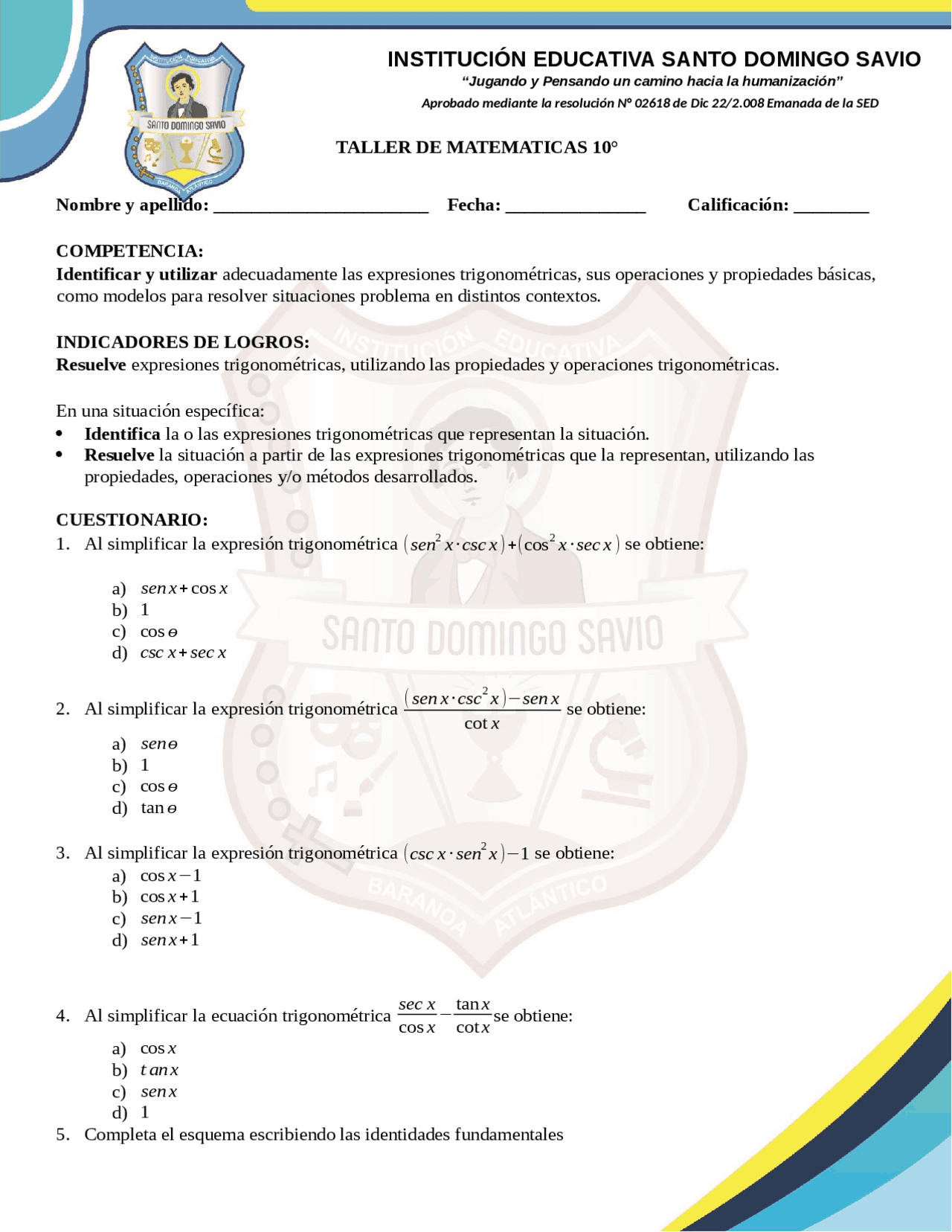 Taller de matemáticas para decimo grado | Ejercicios de Matemáticas ...