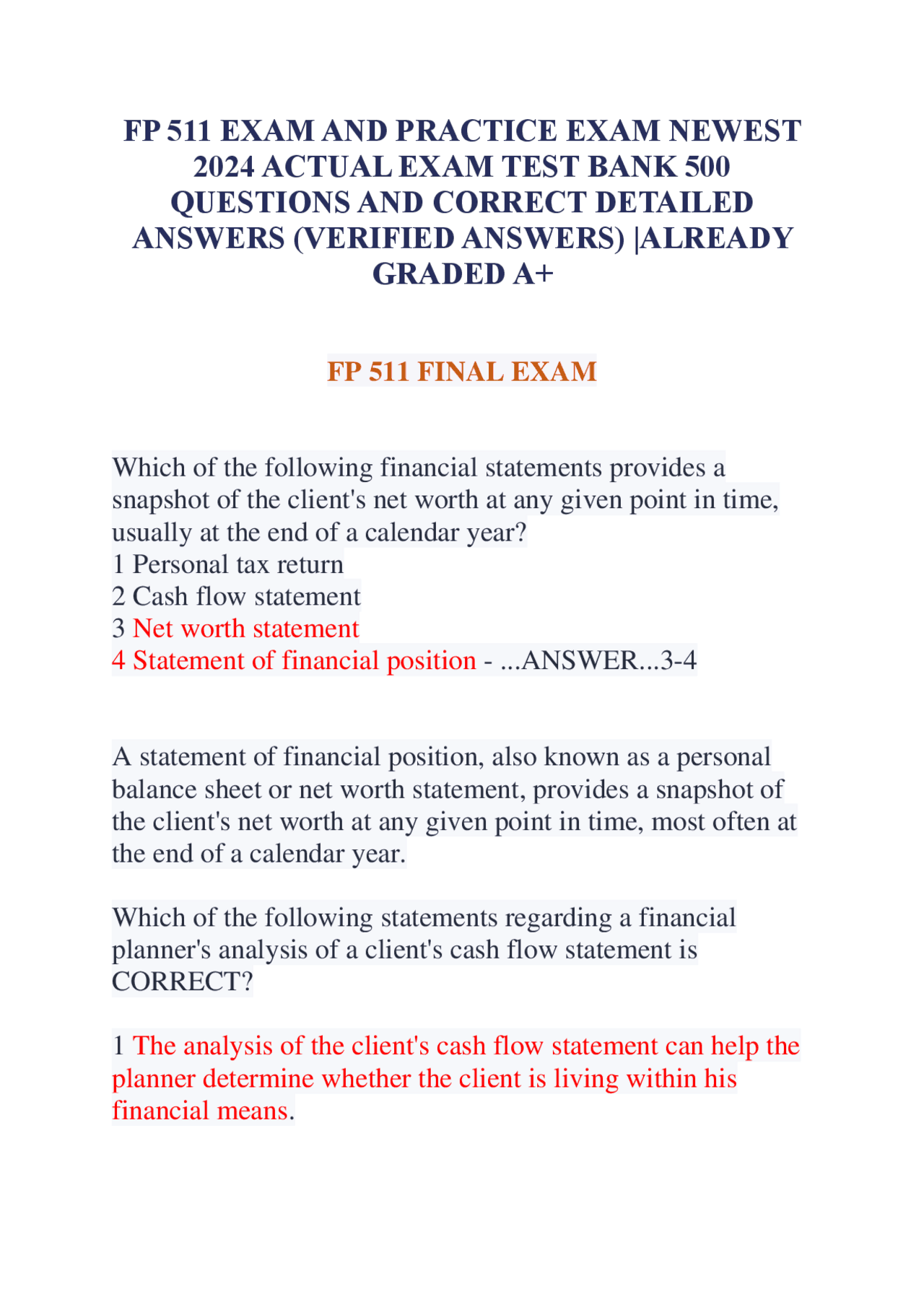 FP 511 EXAM AND PRACTICE EXAM NEWEST 2024 ACTUAL EXAM TEST BANK 500 ...