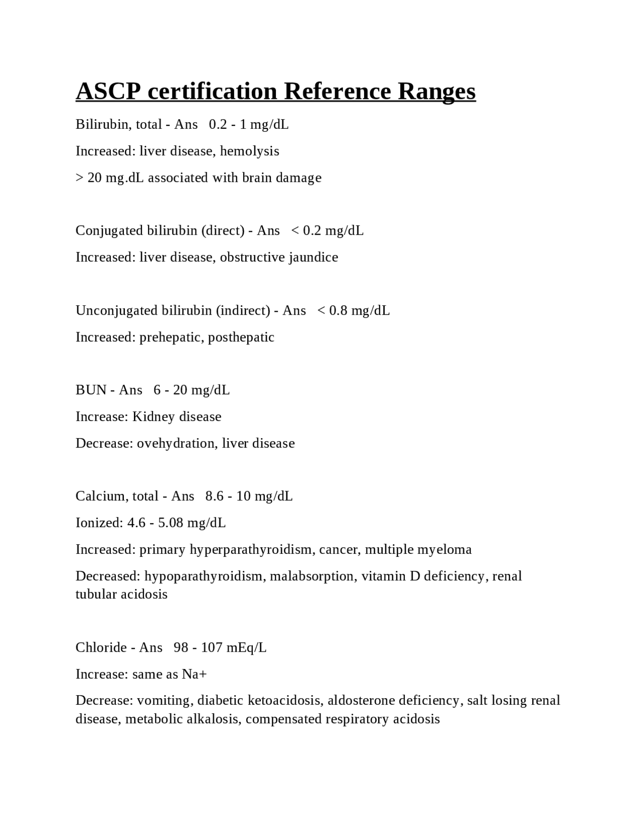 ASCP certification Reference Ranges | Exams Nursing | Docsity