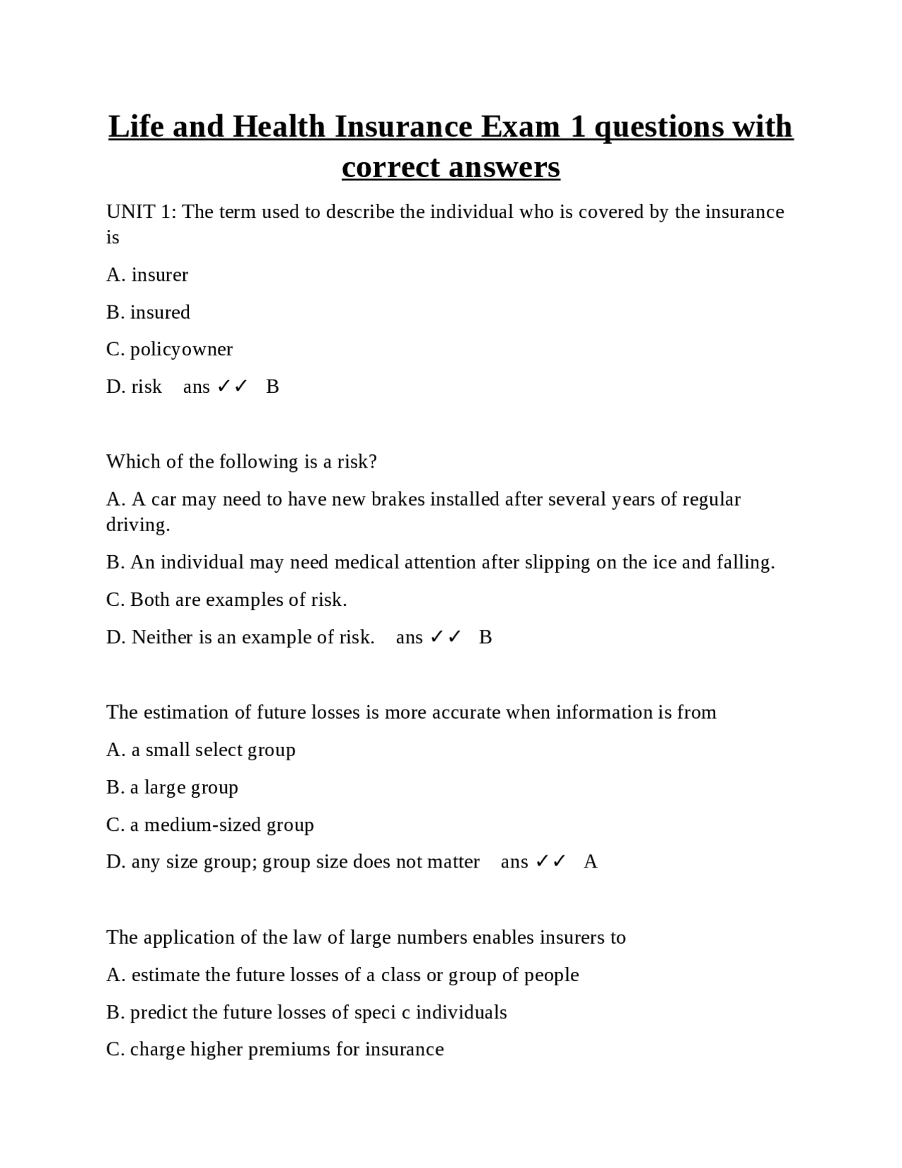 Life and Health Insurance Exam 1 Questions with Correct Answers | Exams ...